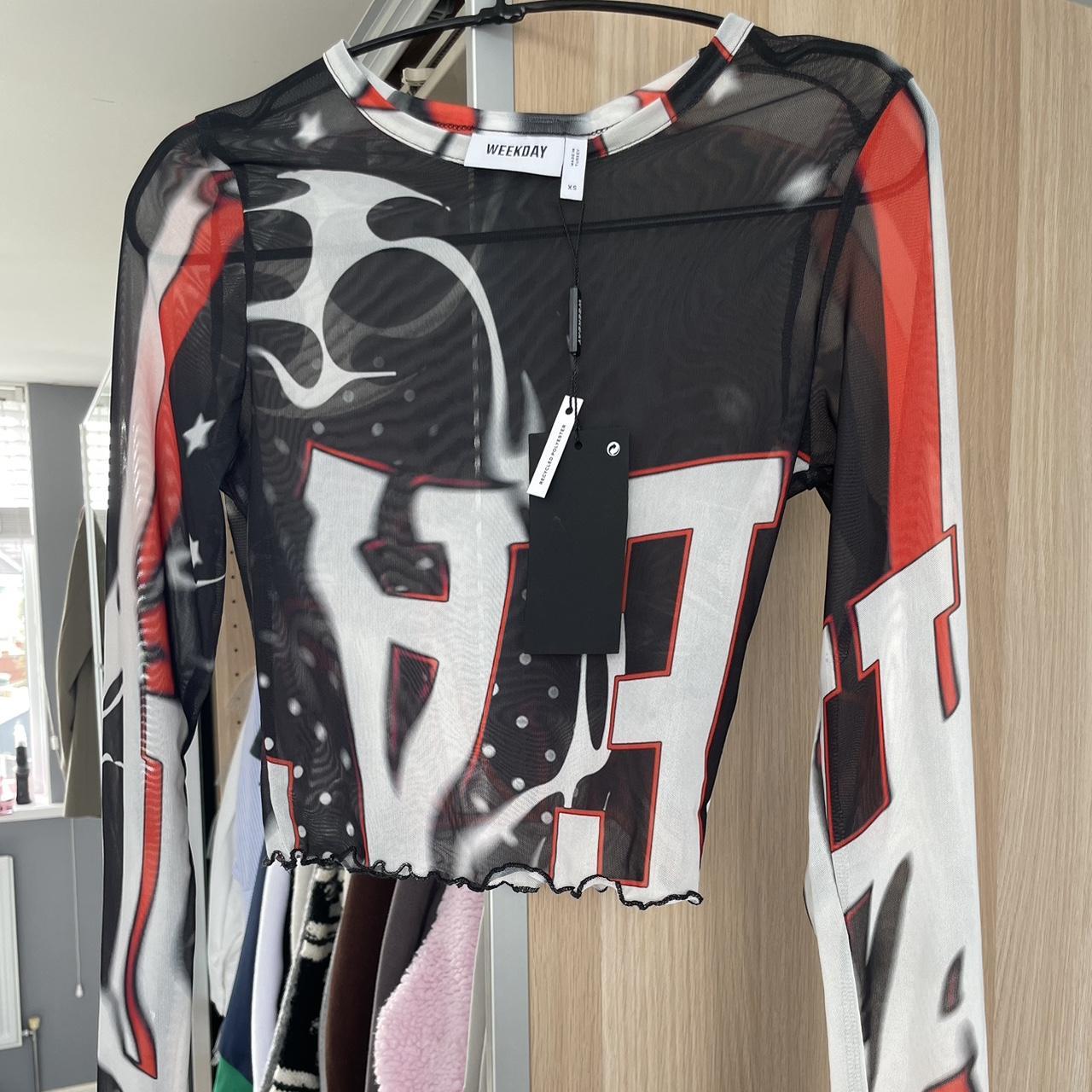 Long sleeve mesh graphic top Weekday Brand new... - Depop