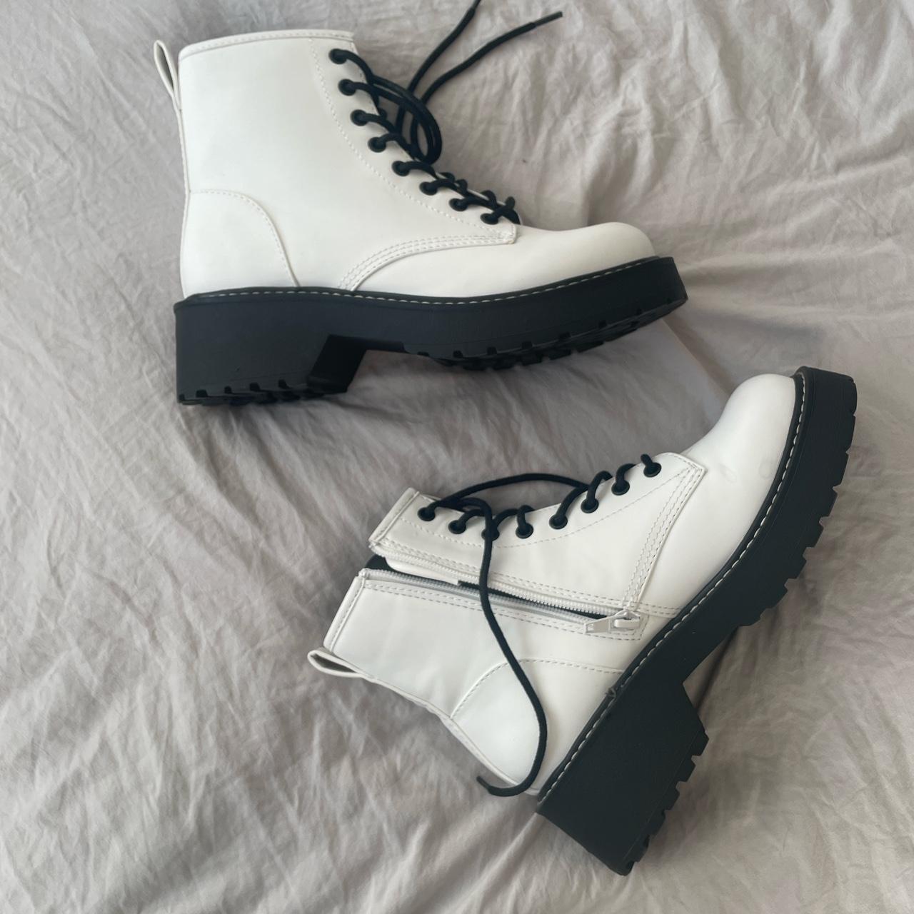 White pleather combat boots with zipper and laces,... - Depop