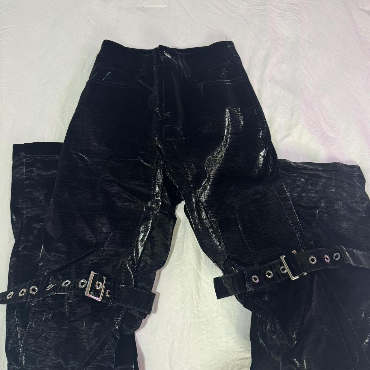 THE KRIPT faux leather pants with silver buckle... | Depop
