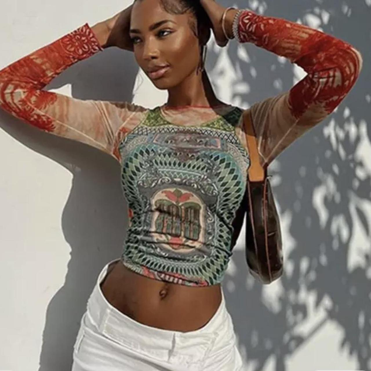 Multi-coloured print long sleeve mesh top. Worn... - Depop