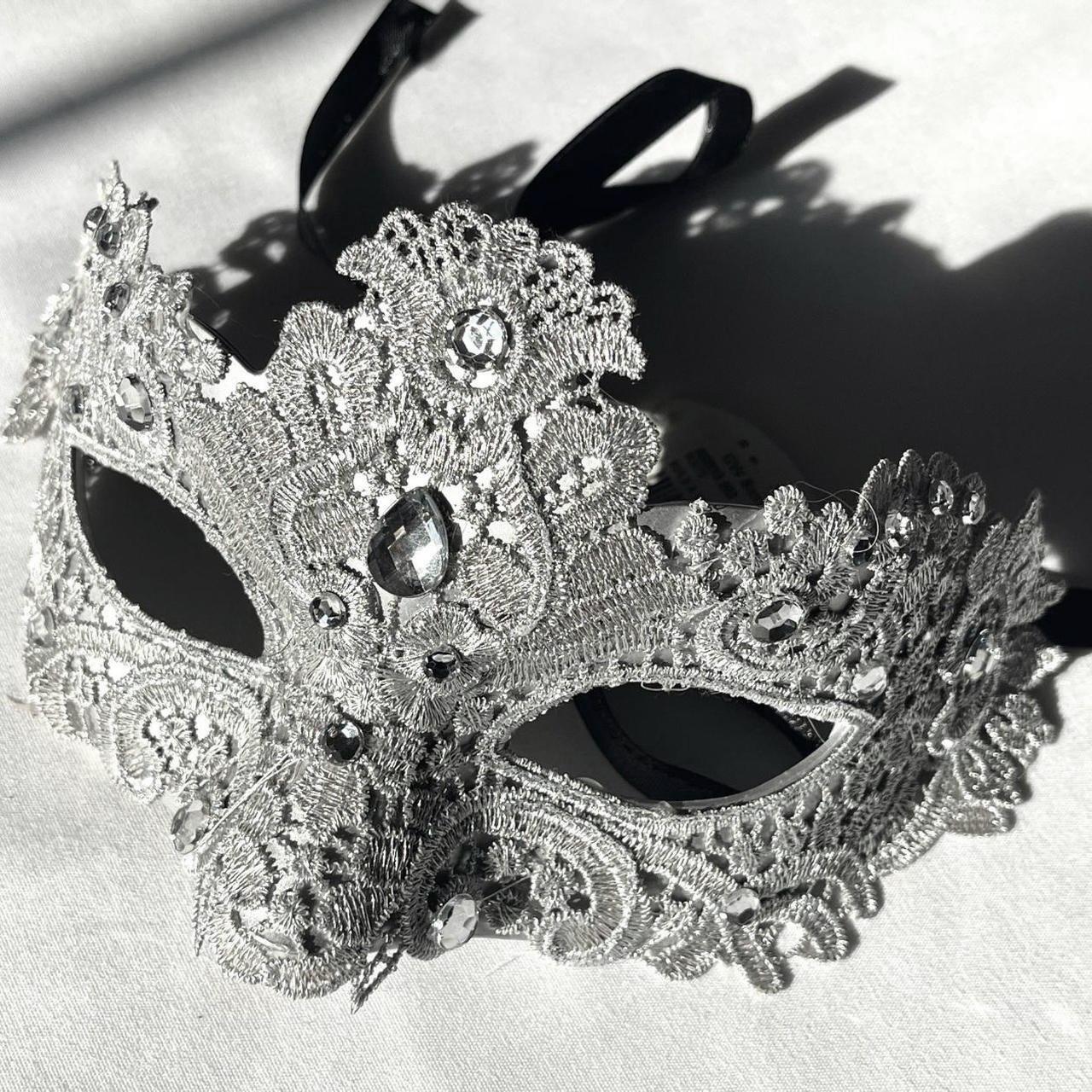 Masquerade mask in silver with black lace tie, and... - Depop