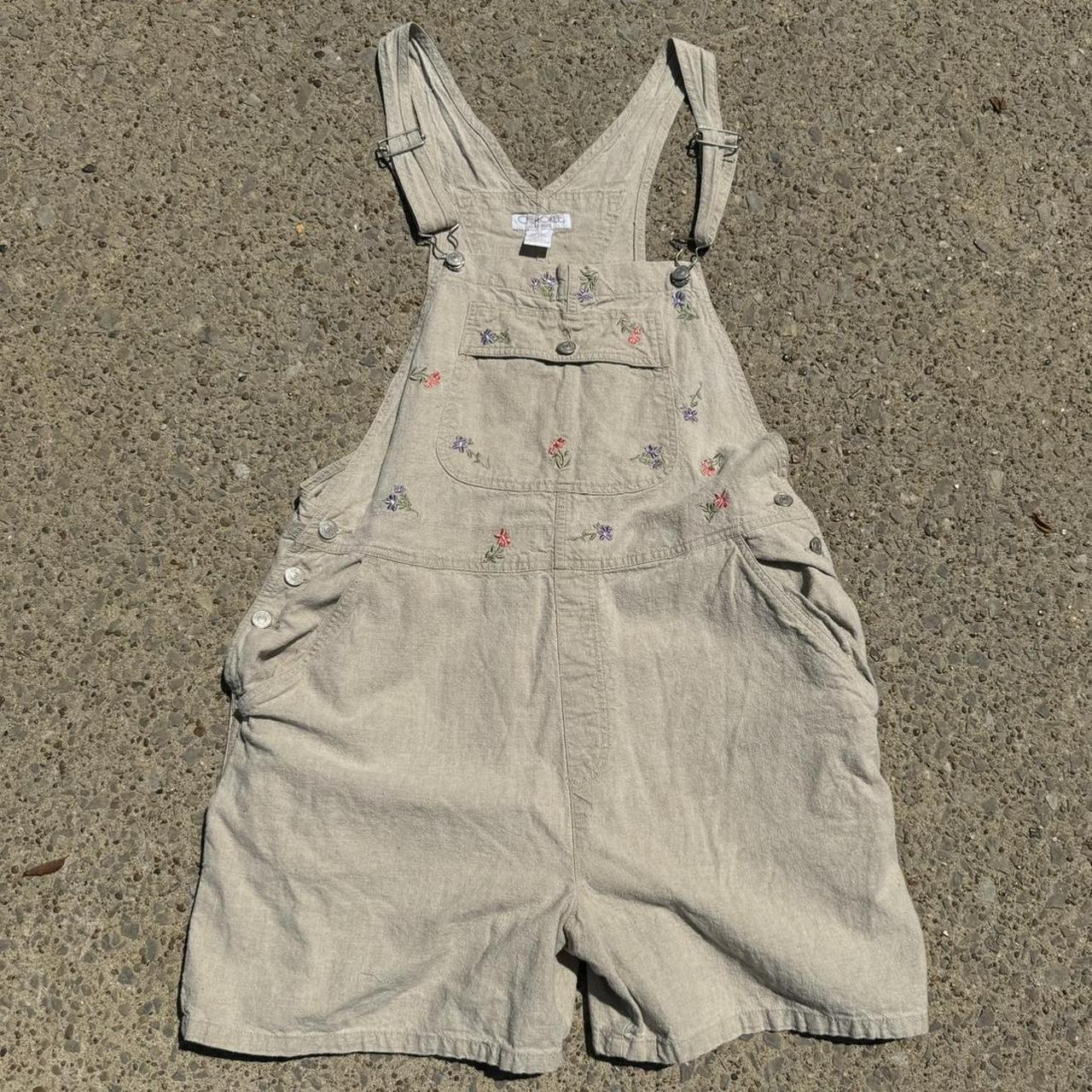 Vintage flower overalls Tan linen embroidered... - Depop