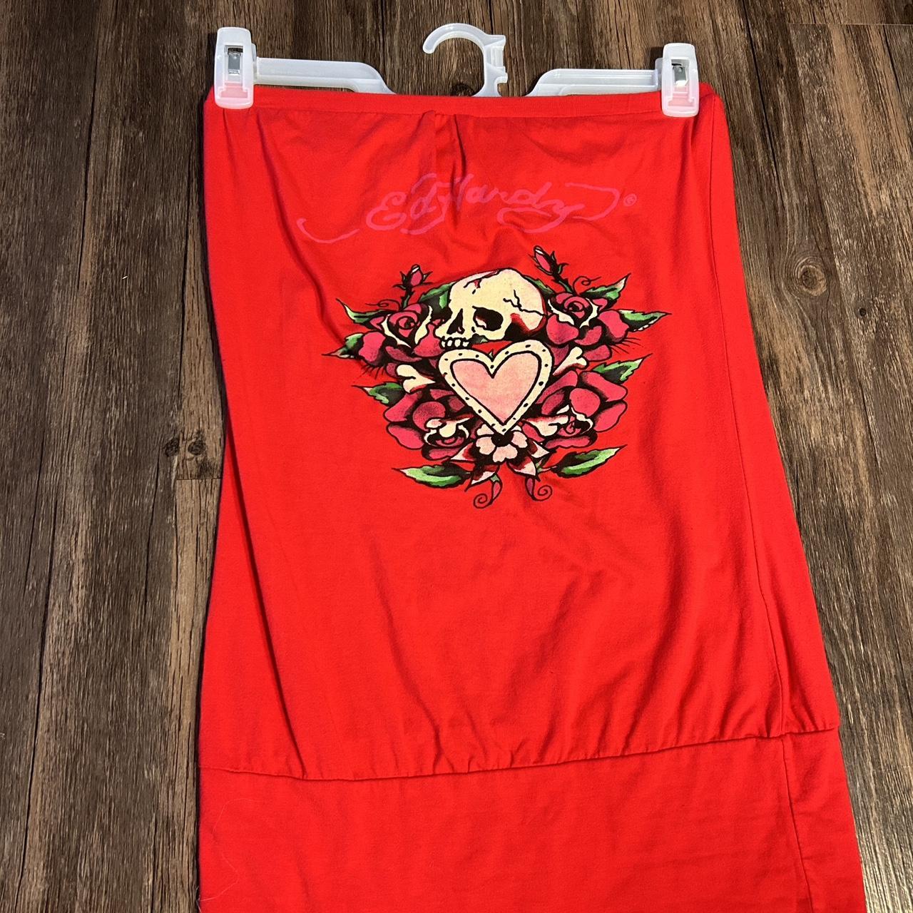 Ed Hardy red mini dress / top with skull and rose... - Depop