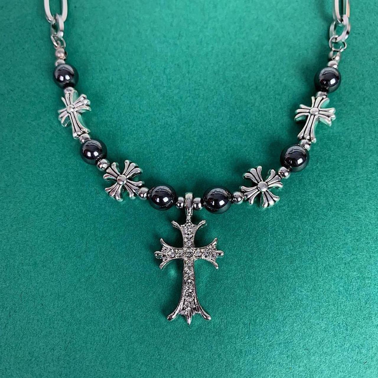 y2k 2000s style grunge chrome pearl rhinestone... - Depop