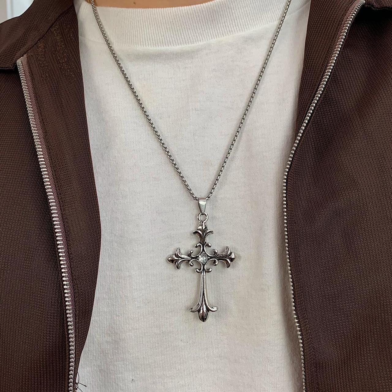 Cyber Y2k silver Big Gothic Rhinestone Cross opium... - Depop