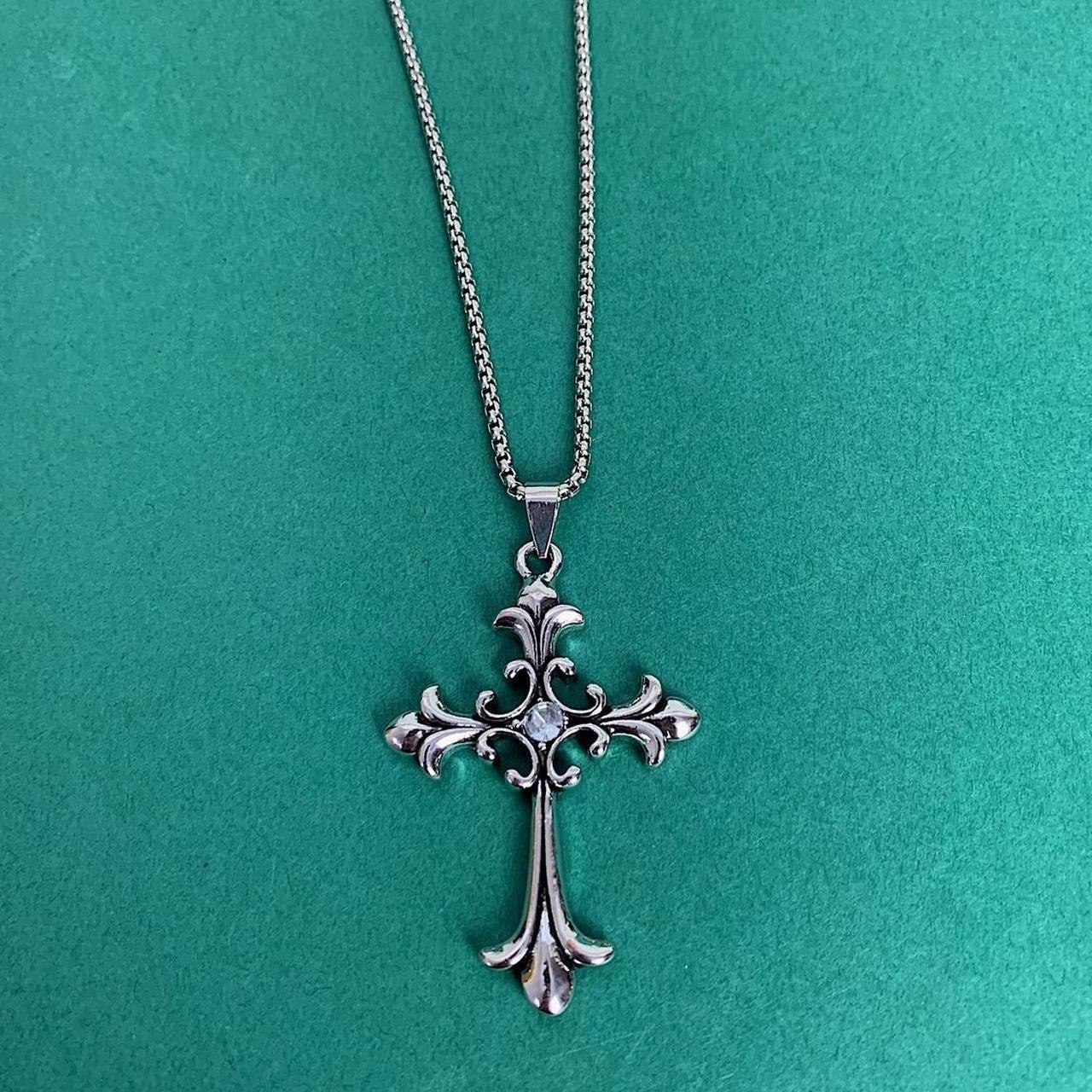 Cyber Y2k silver Big Gothic Rhinestone Cross opium... - Depop