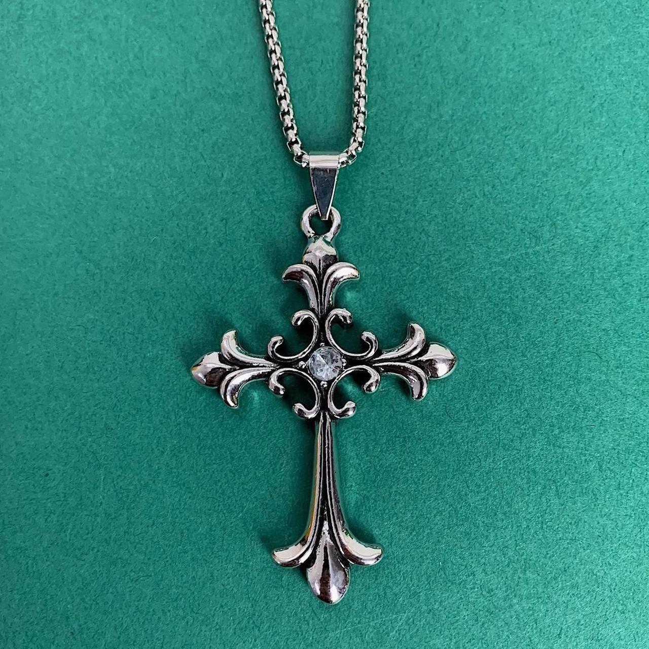 Cyber Y2k silver Big Gothic Rhinestone Cross opium... - Depop