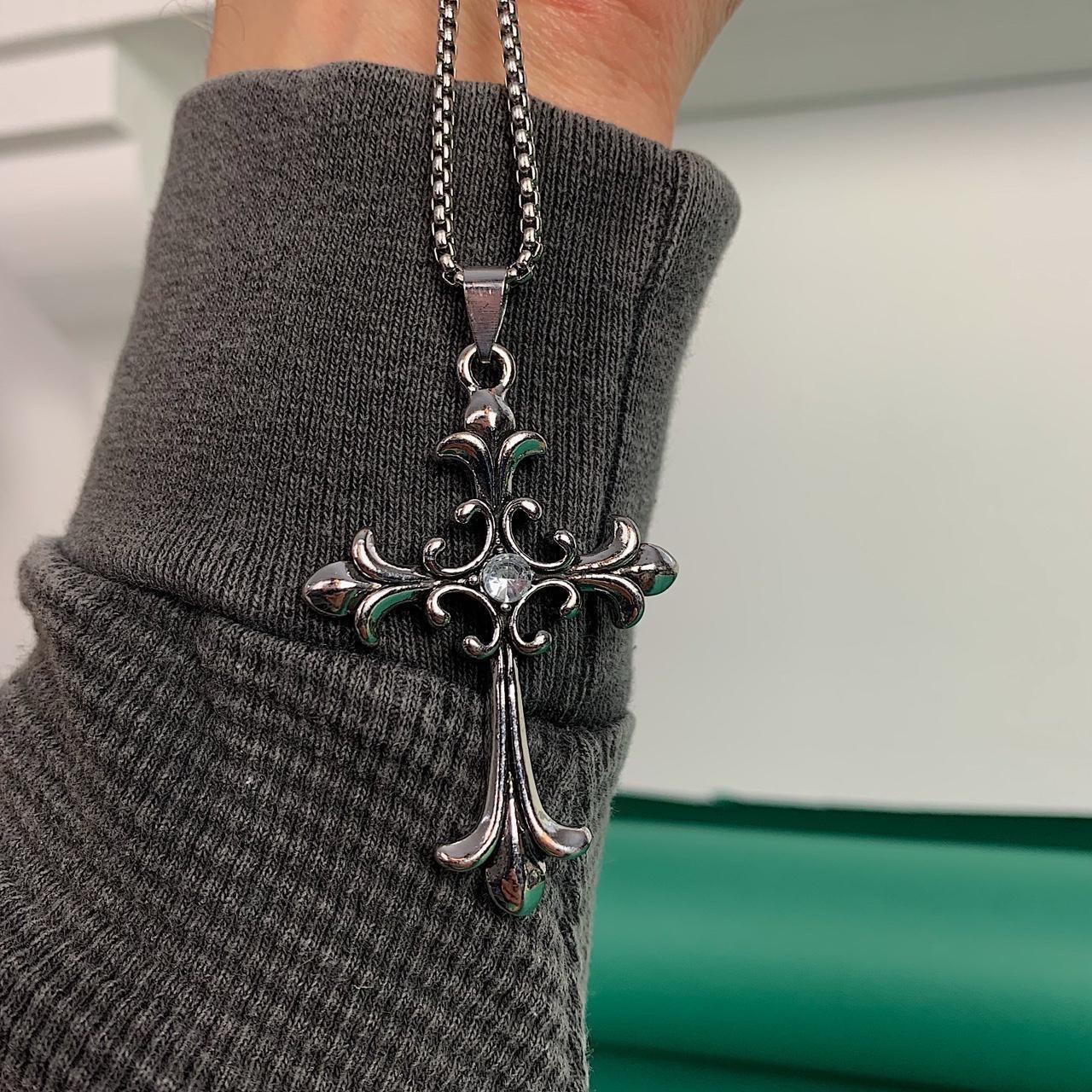 Cyber Y2k silver Big Gothic Rhinestone Cross opium... - Depop