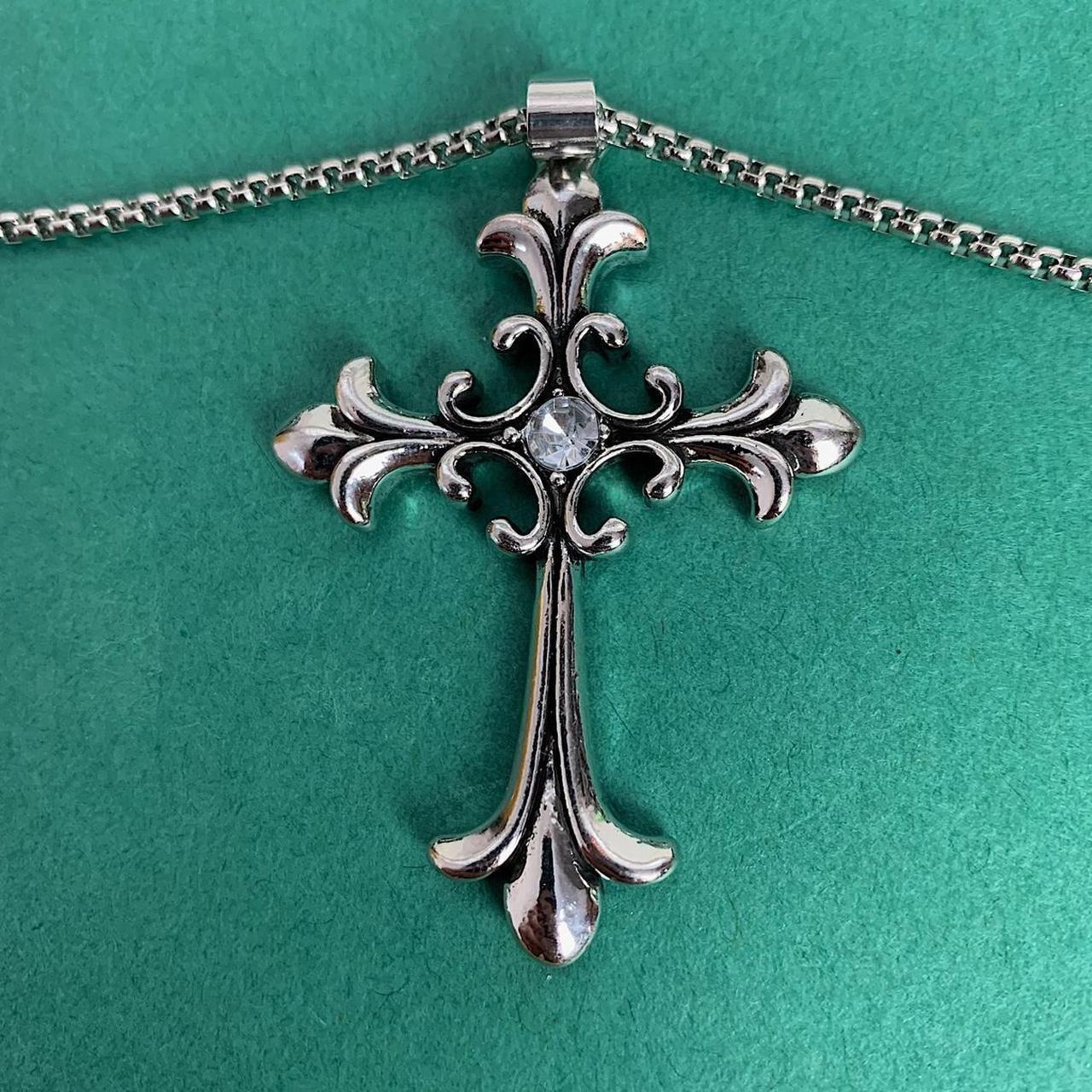 Cyber Y2k silver Big Gothic Rhinestone Cross opium... - Depop