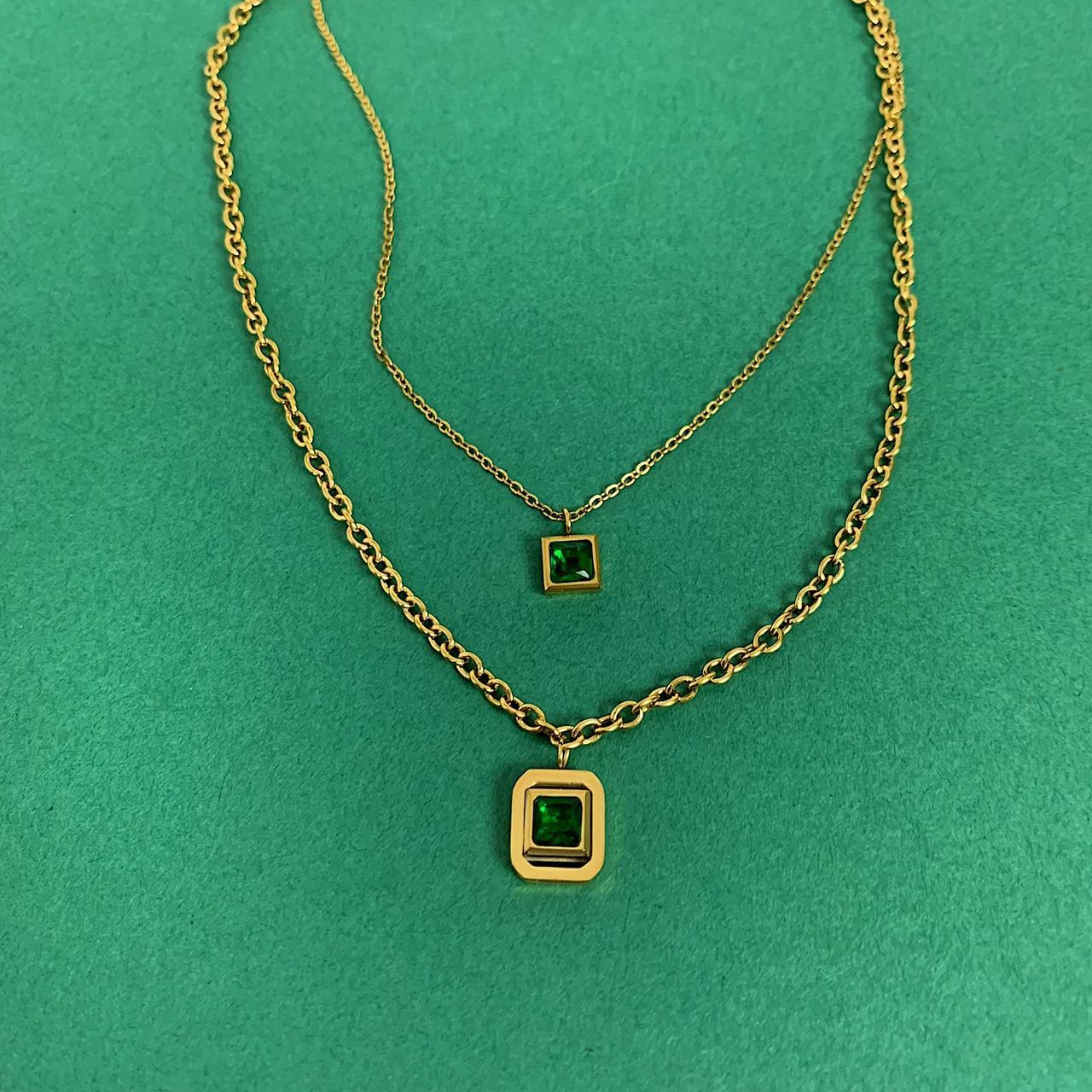 Vintage Style Classy Double Gold Chain Green jewel... - Depop