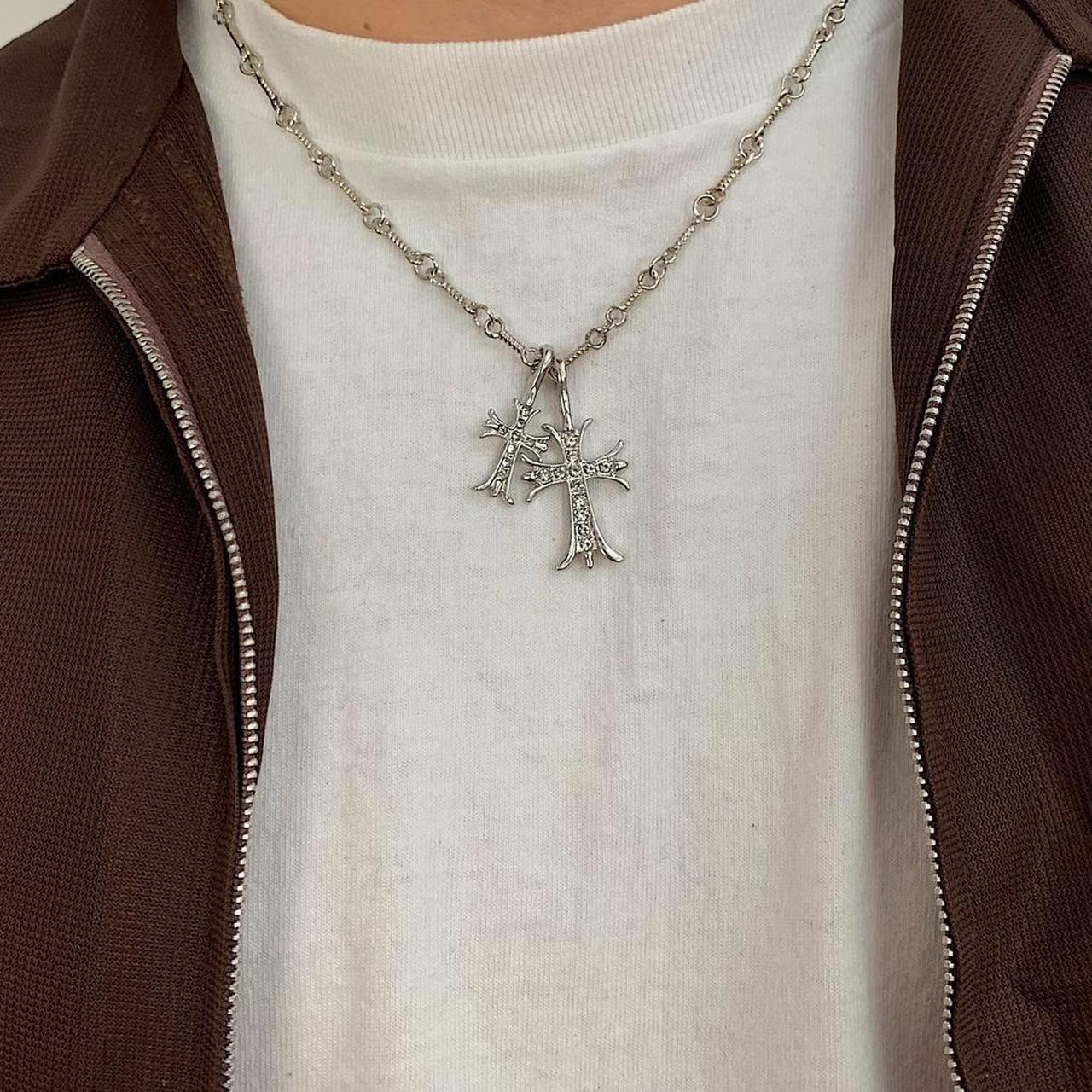 Vintage Cyber y2k style Double Cross Silver... - Depop