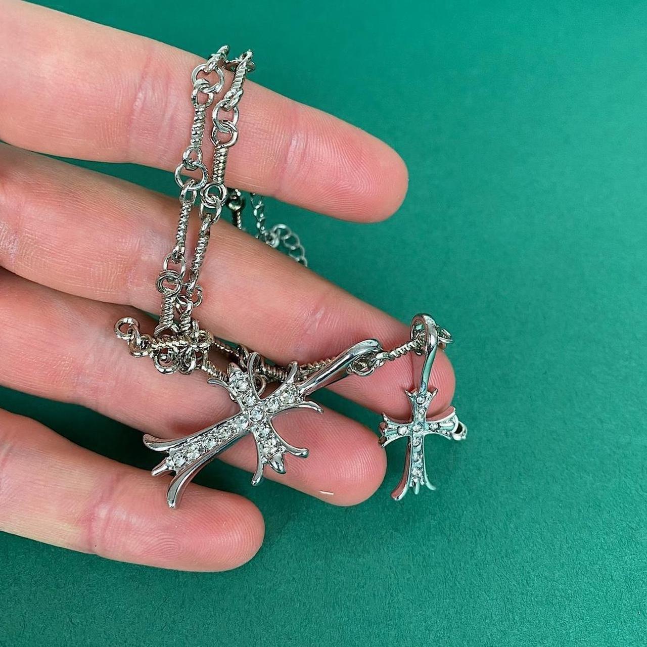 Vintage Cyber y2k style Double Cross Silver... - Depop
