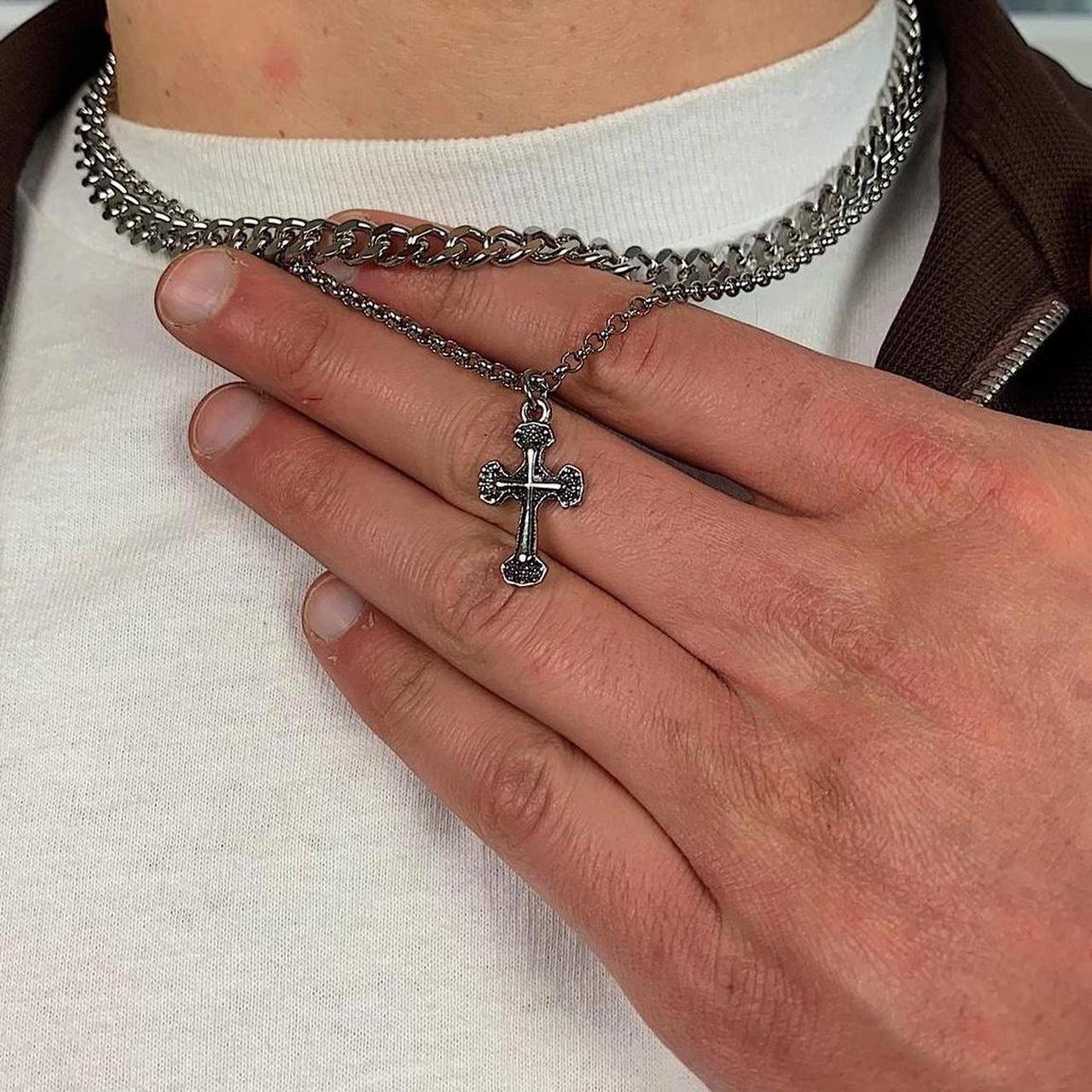 Y2k Cyber Double layer opium silver chrome cross... - Depop