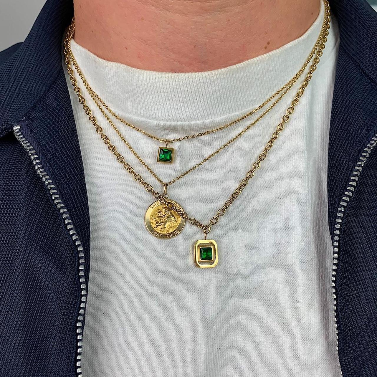 Vintage Style Classy Double Gold Chain Green jewel... - Depop