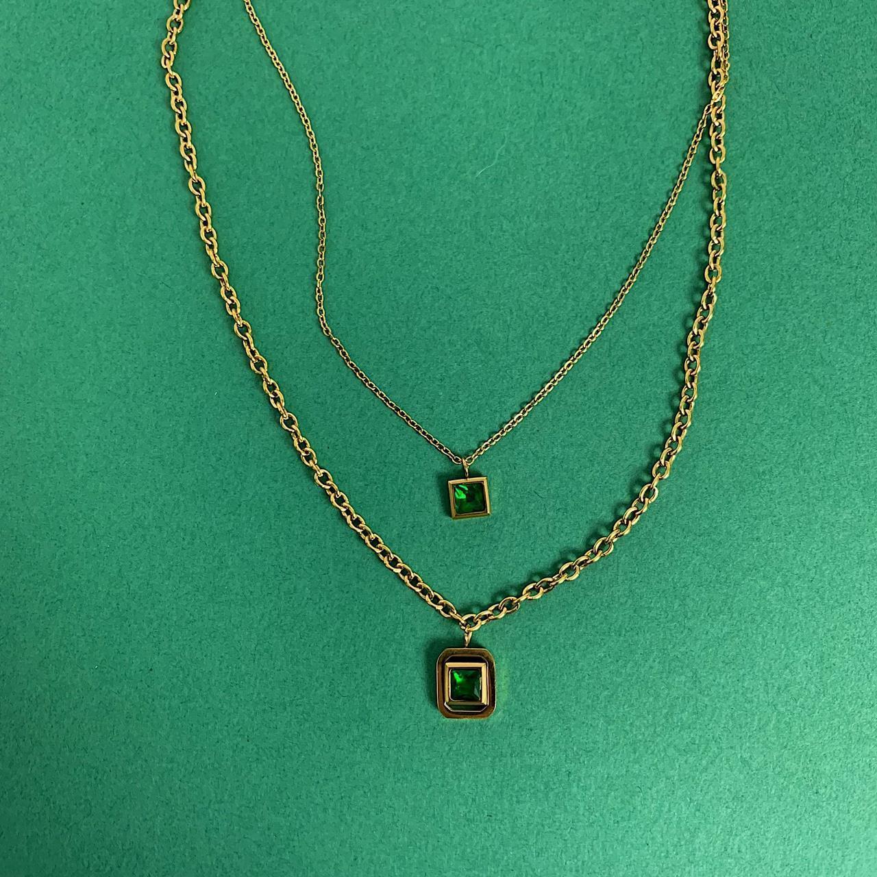 Vintage Style Classy Double Gold Chain Green jewel... - Depop