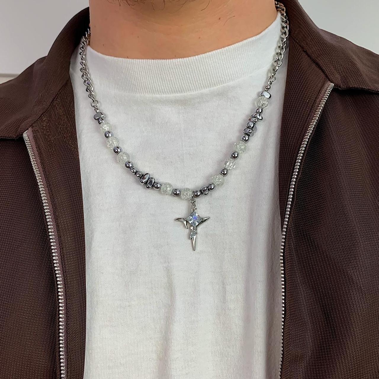 2000s y2k grunge punk opium silver and beaded cross... - Depop