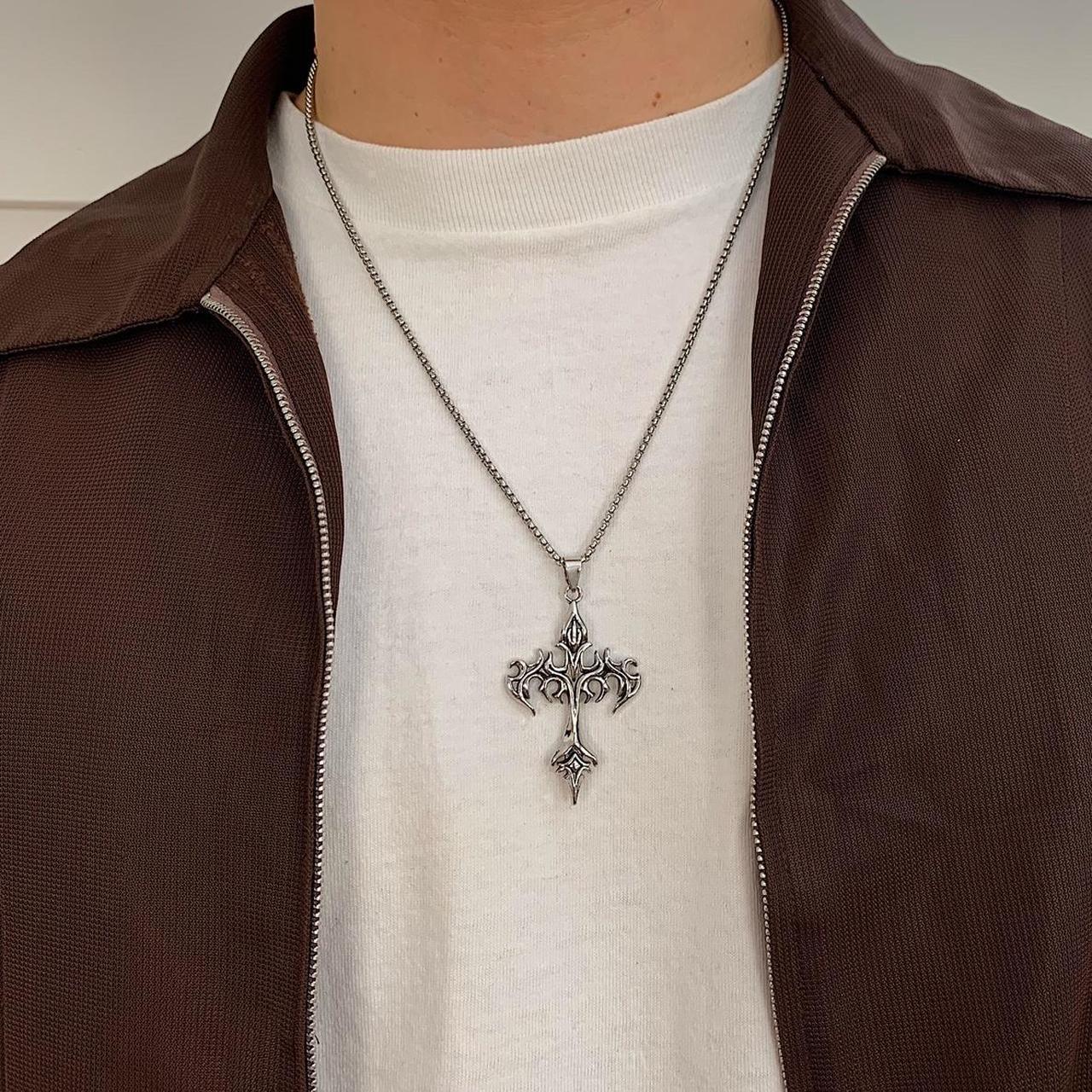 Cyber Y2k silver Big Gothic Cross opium punk style... - Depop