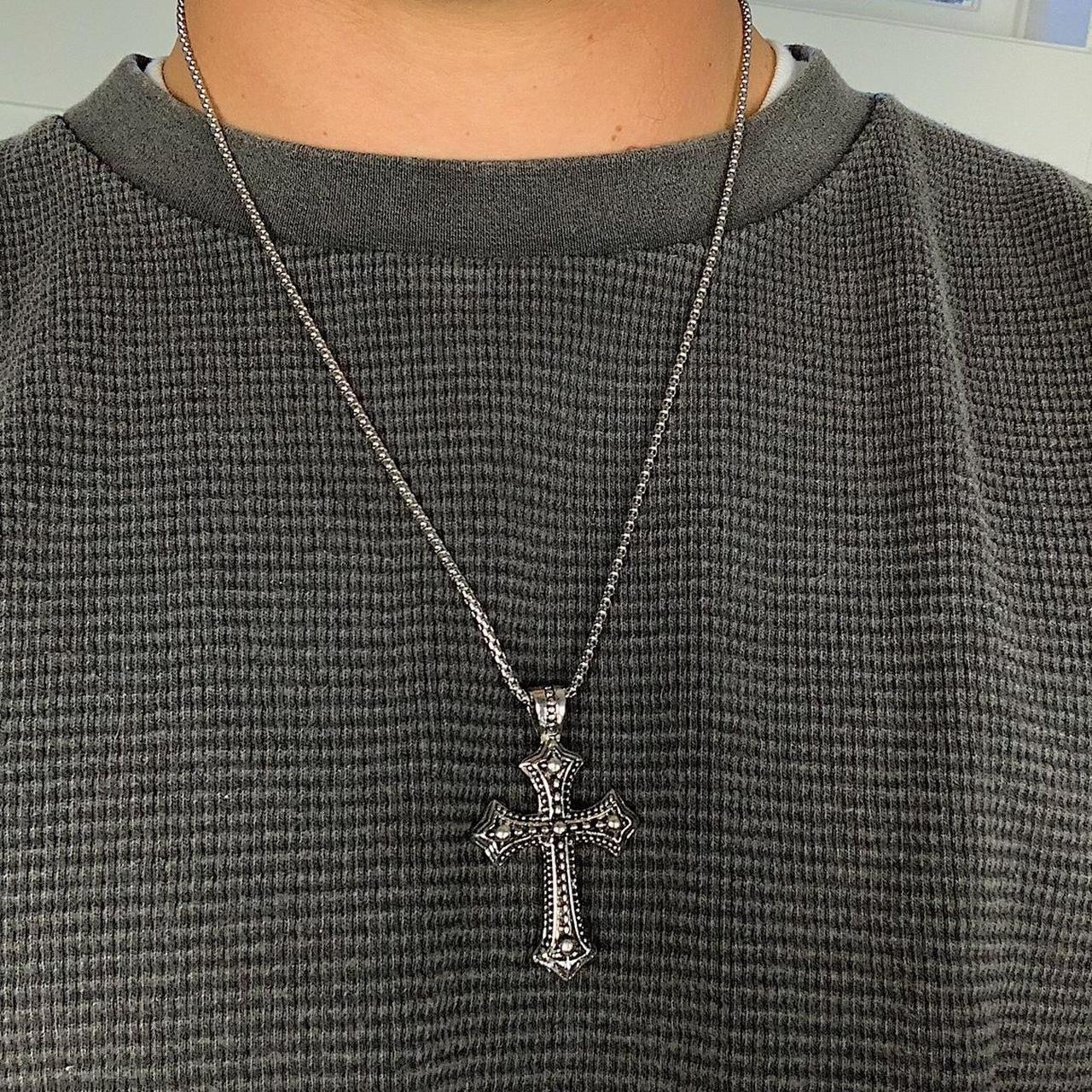 Stainless steel Y2k silver Big Gothic Cross opium... | Depop