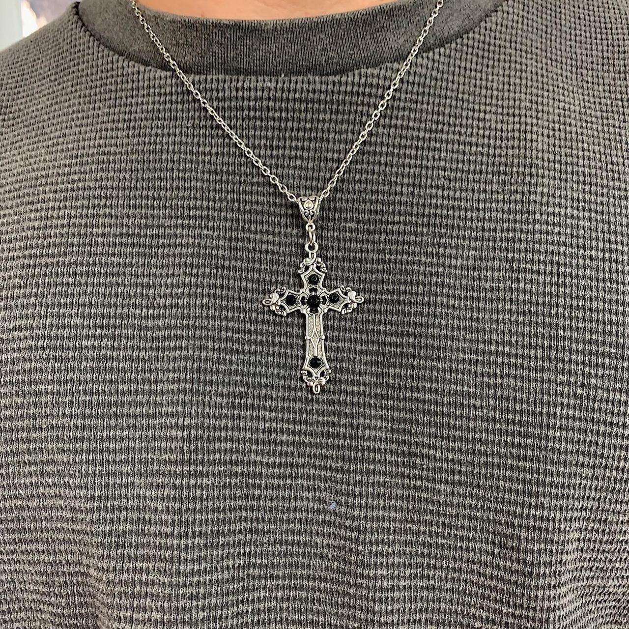 Y2k 2000s silver Big Gothic Cross opium black opal... | Depop