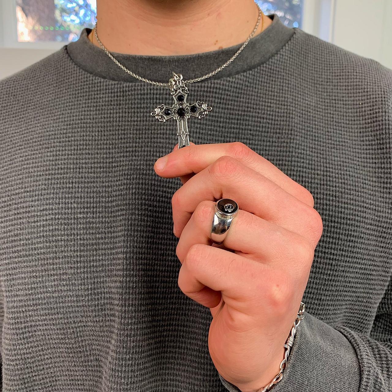 Y2k 2000s silver Big Gothic Cross opium black opal... | Depop