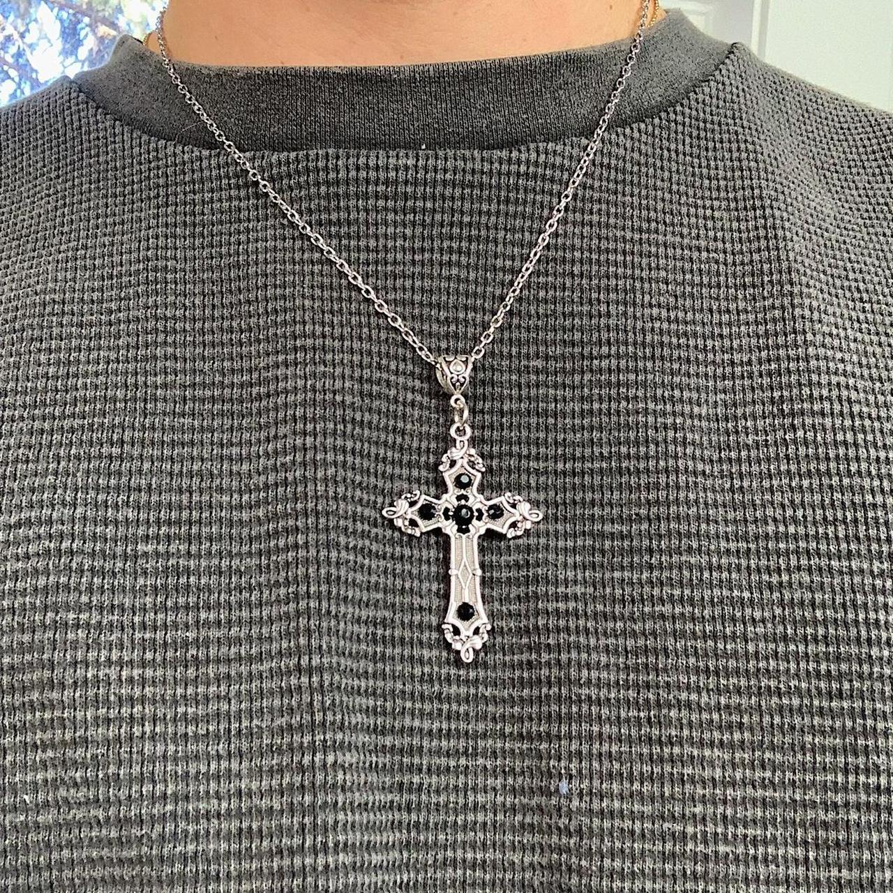 Y2k 2000s silver Big Gothic Cross opium black opal... | Depop