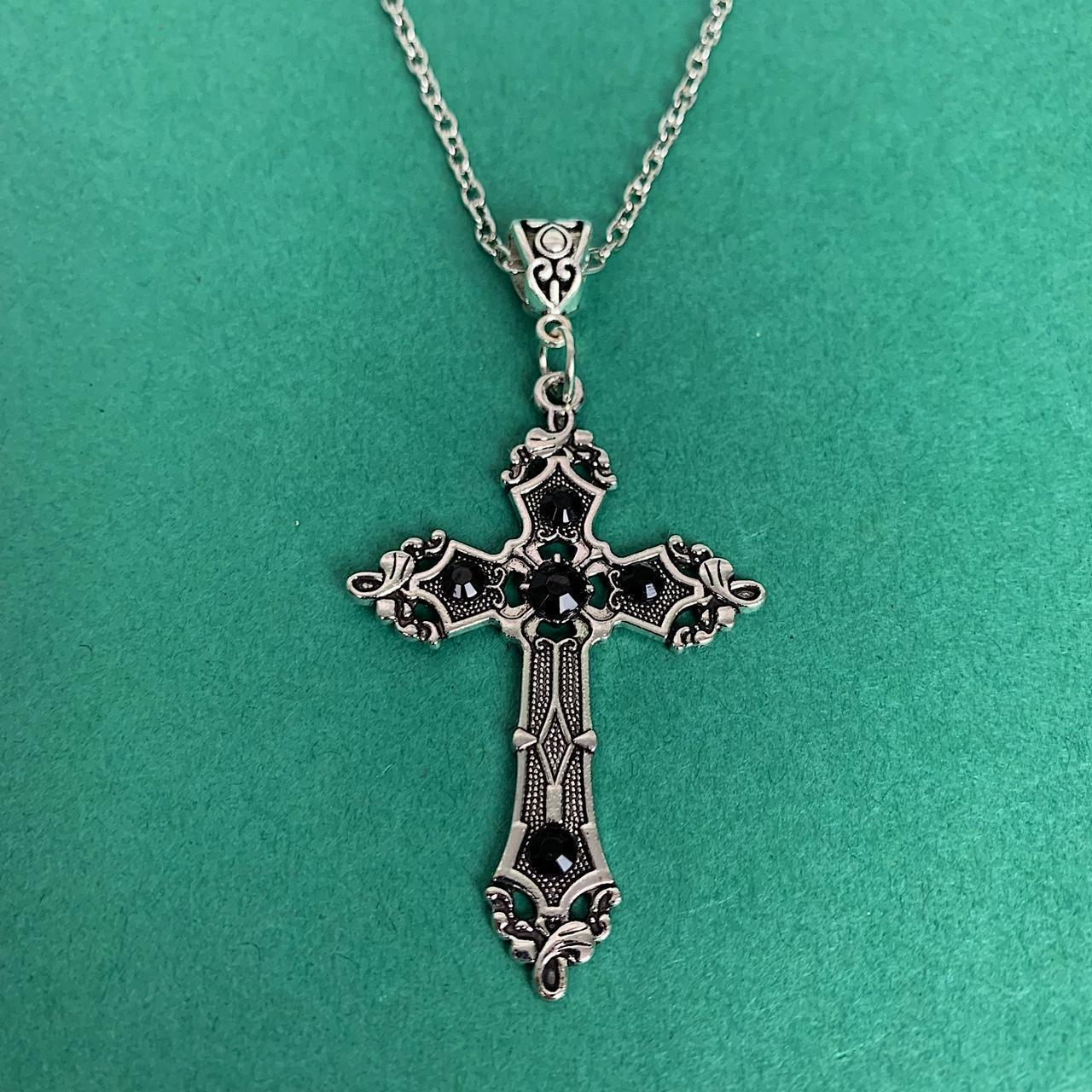 Y2k 2000s silver Big Gothic Cross opium black opal... | Depop
