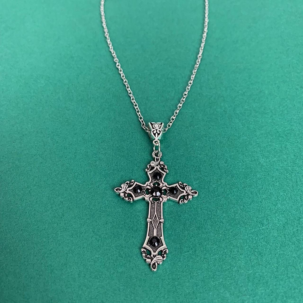 Y2k 2000s silver Big Gothic Cross opium black opal... | Depop
