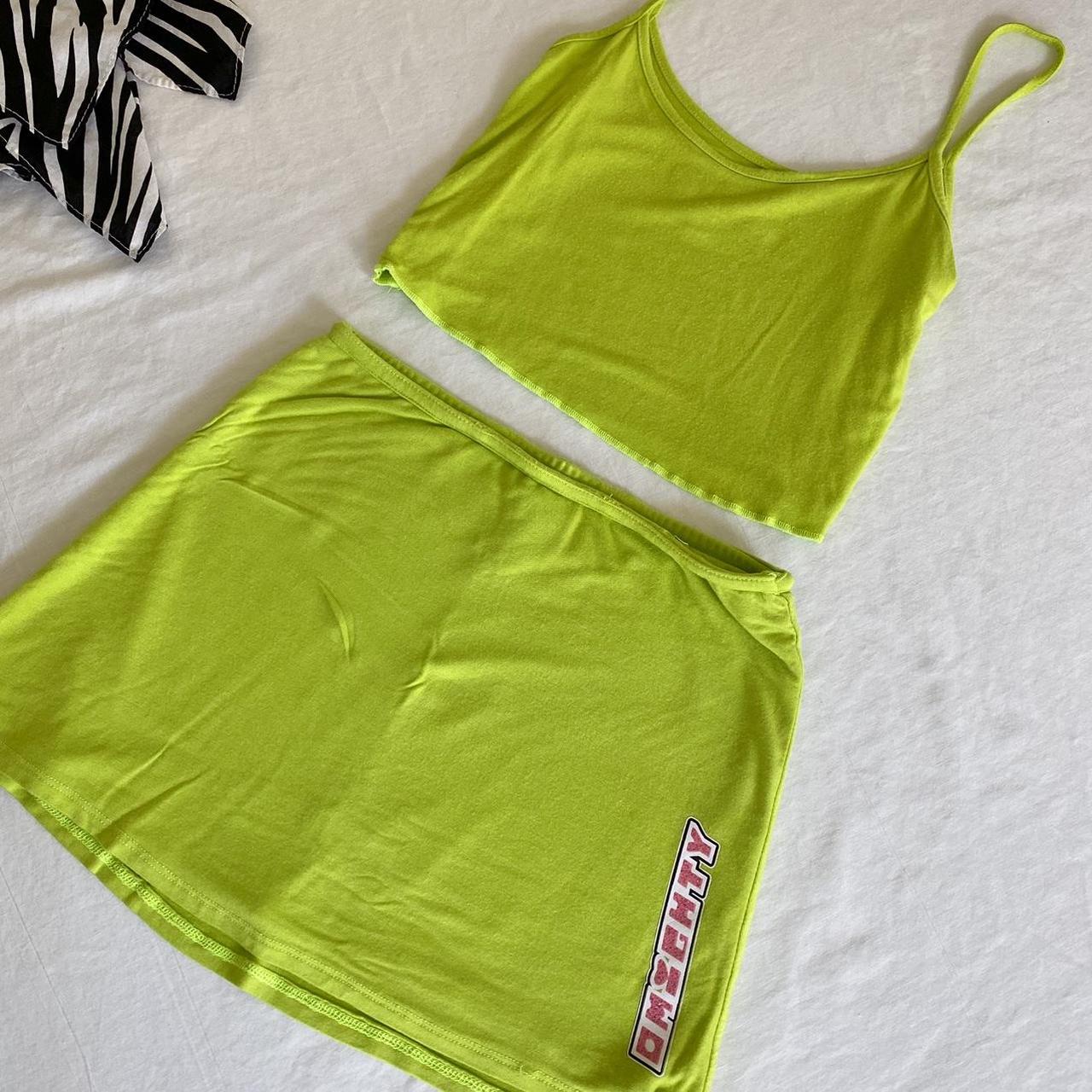O-MIGHTY Neon Green Set Crop top and mini skirt set... - Depop