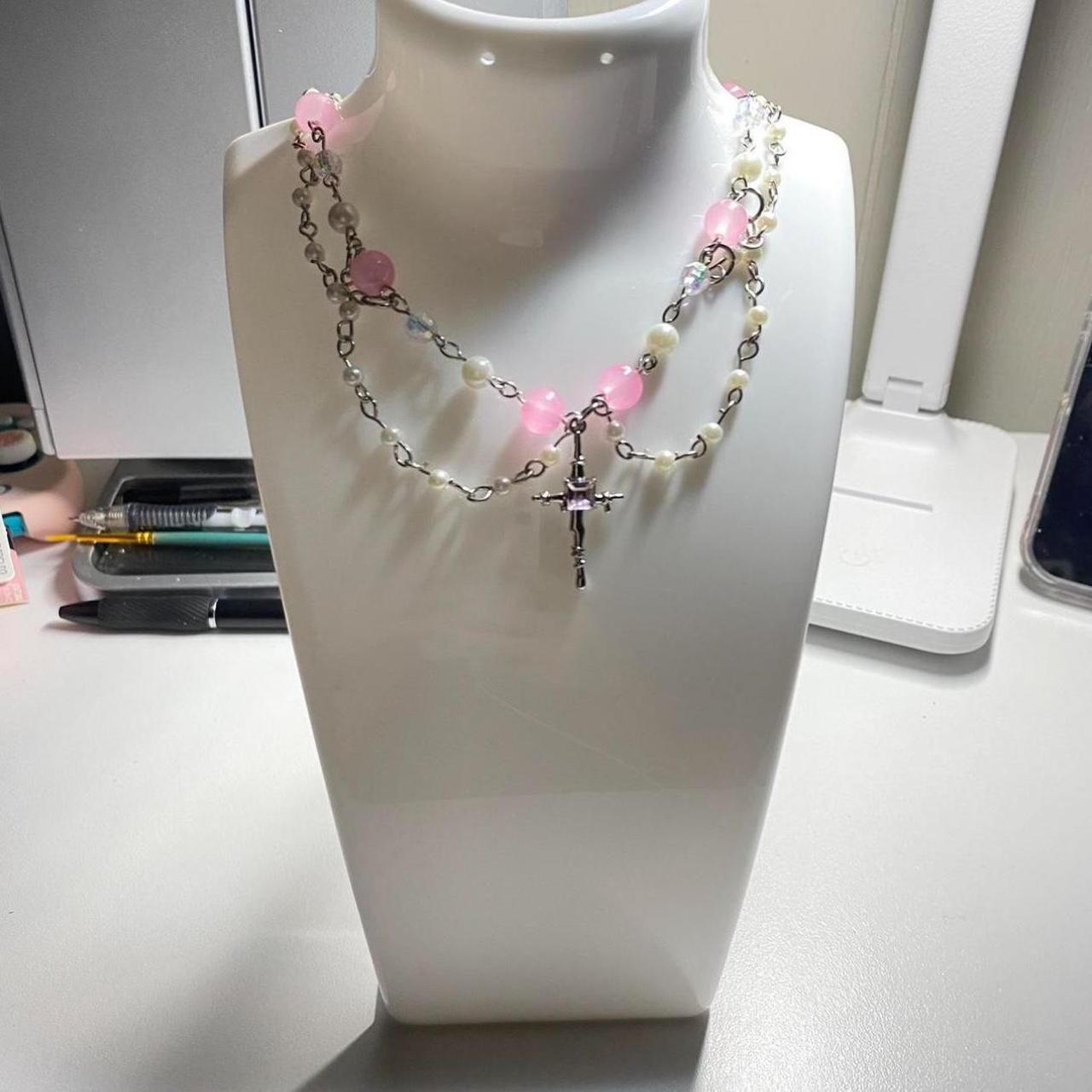 pink, white & silver beaded cross necklace // 16in... - Depop
