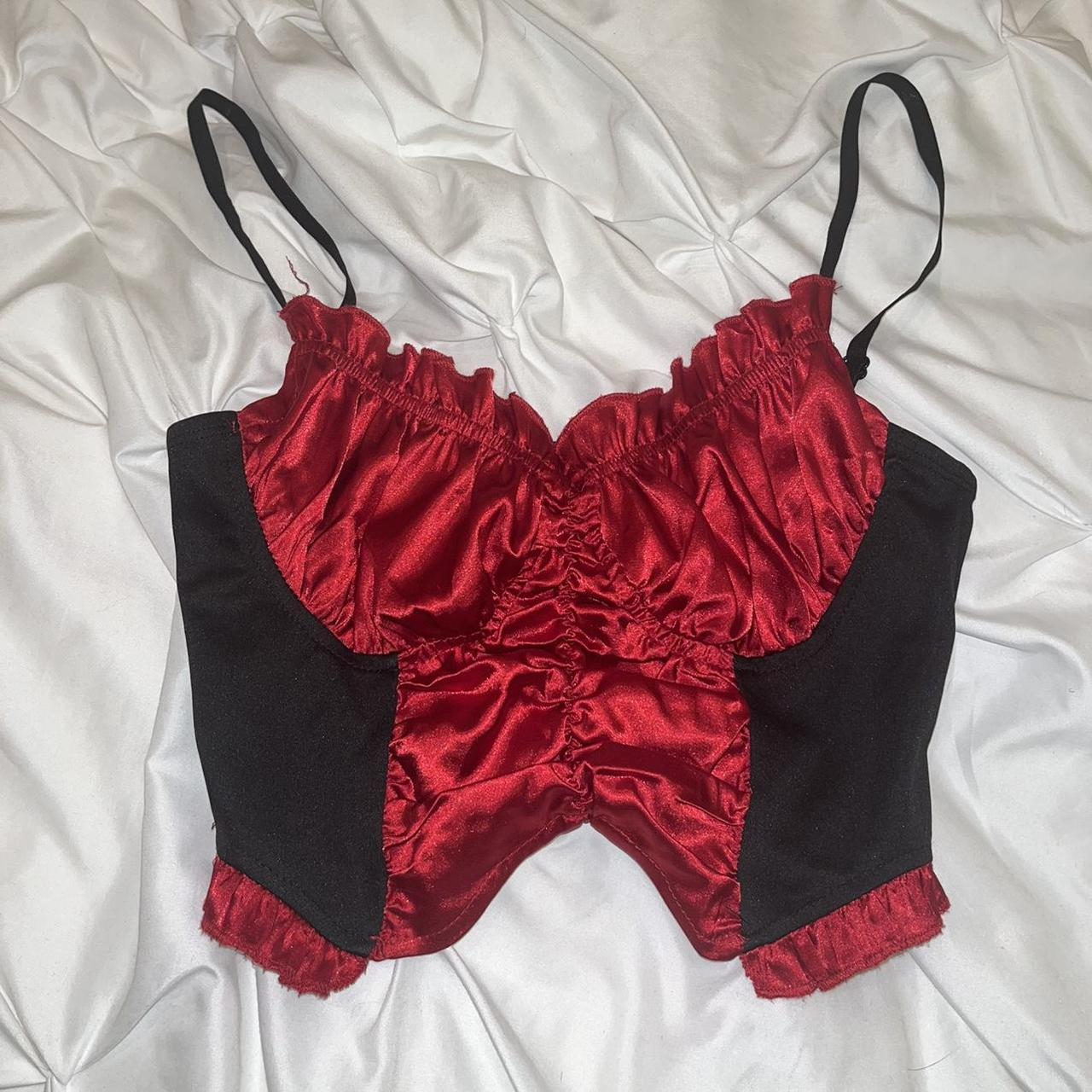 Lovely corset style top in satin red and black... - Depop