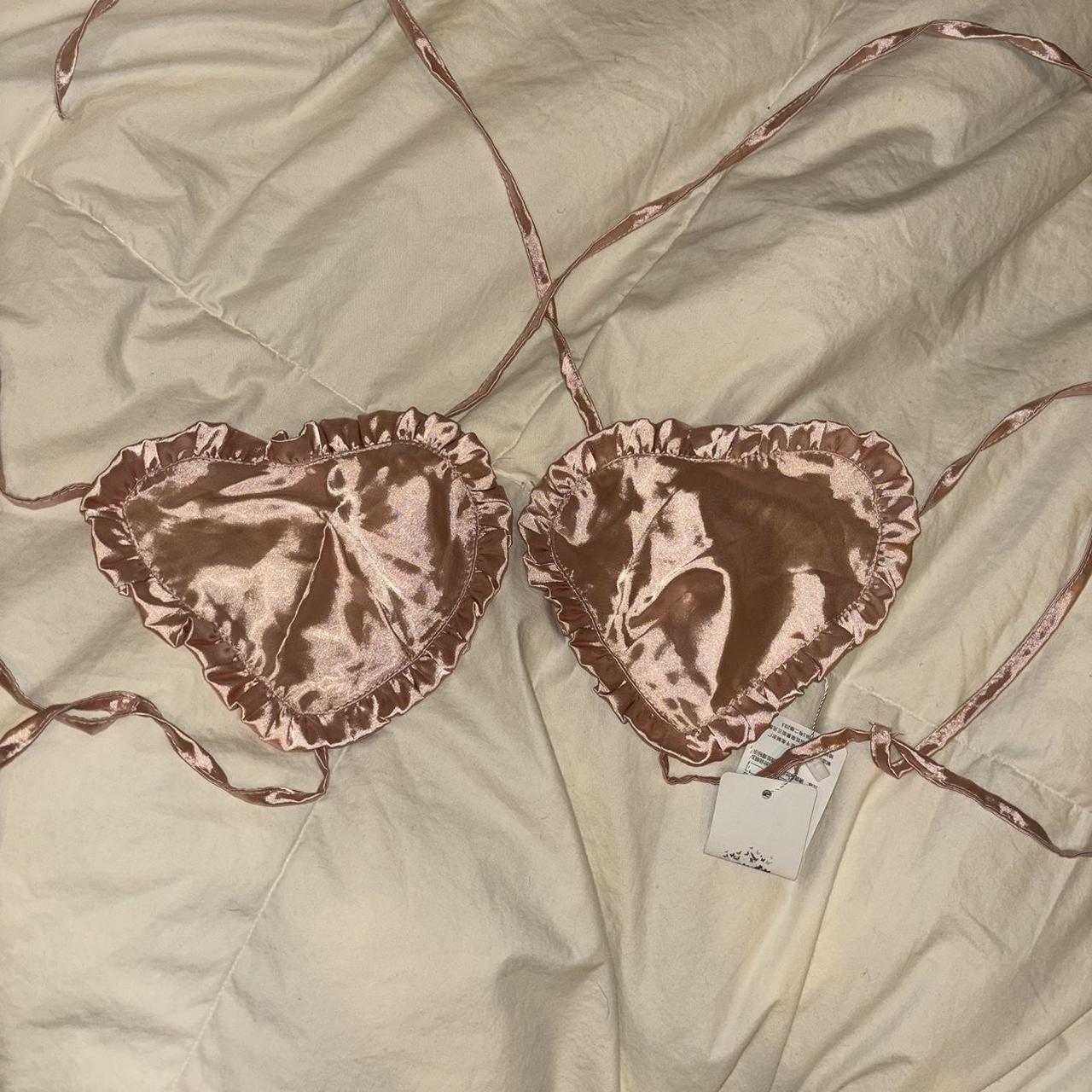 Adorable pink satin heart bralette with customizable... | Depop