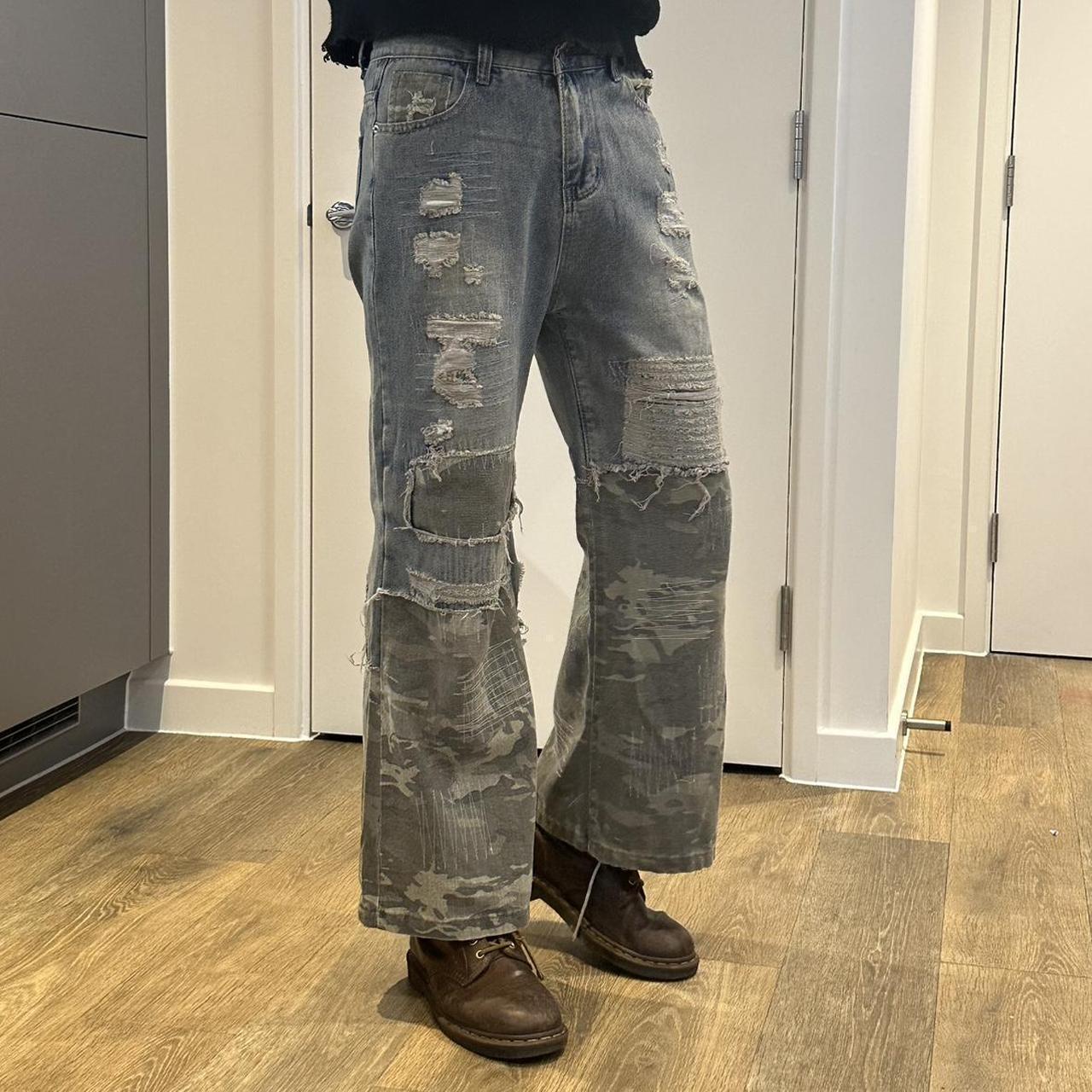 Japanese Camo Print Wide Leg Jeans with Distressed... | Depop