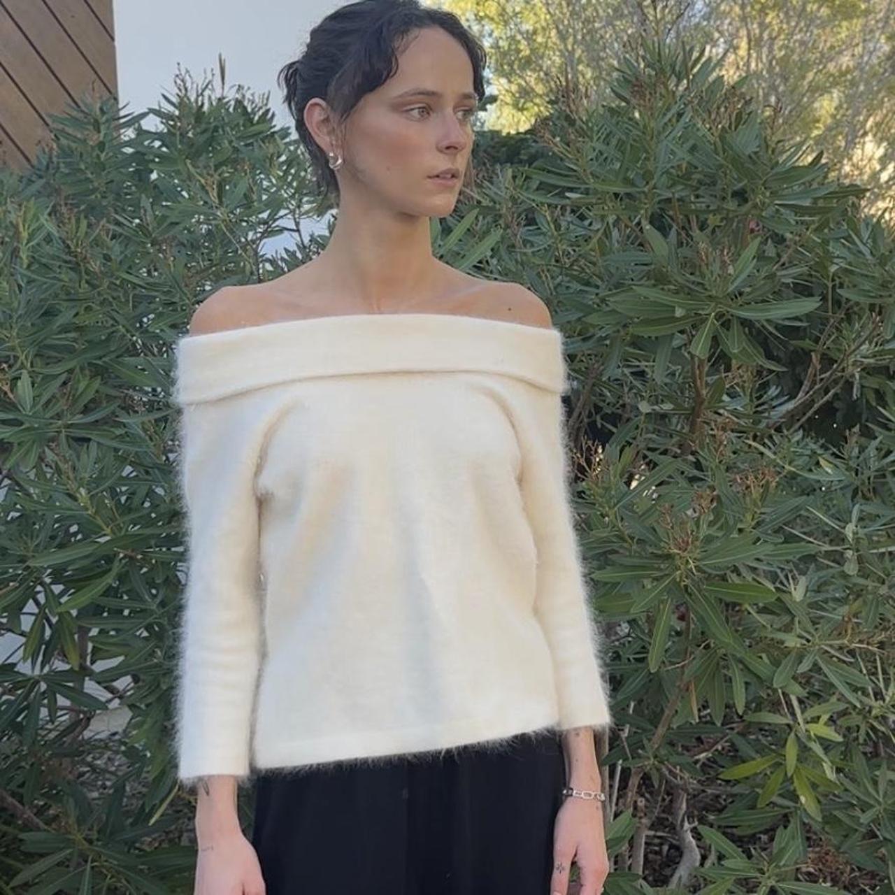 Vintage off the shoulder cream rabbit hair sweater... - Depop