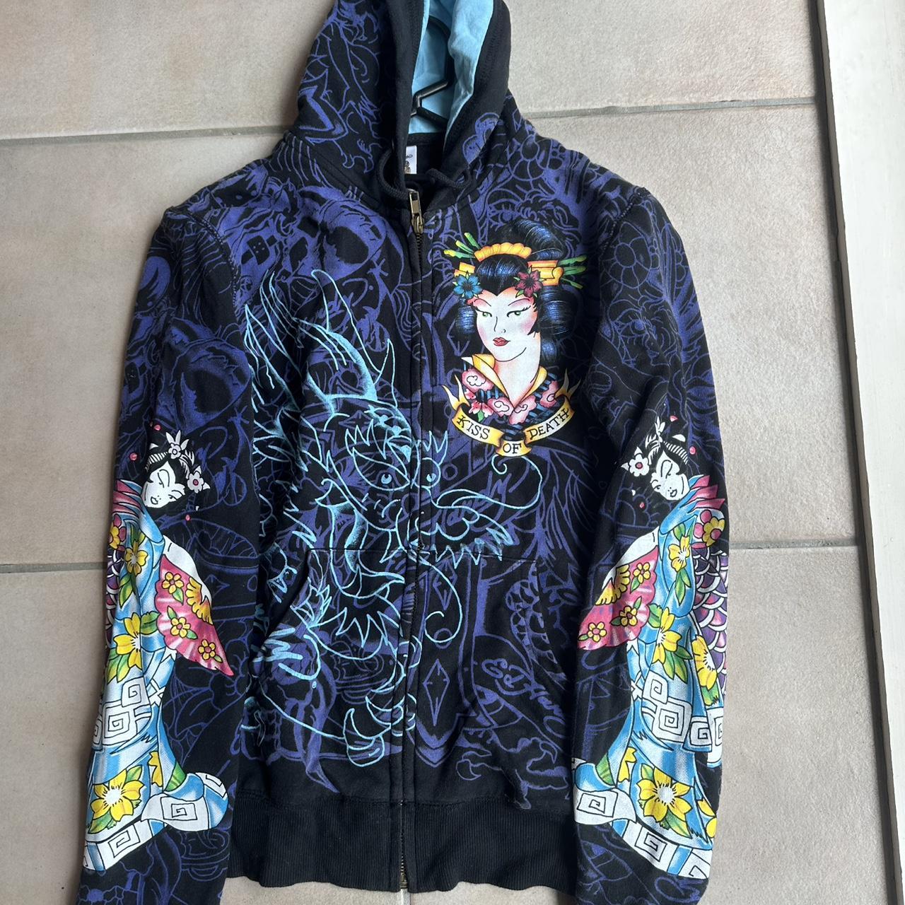Ed Hardy blue & black zip up hoodie. Can fit a size... | Depop