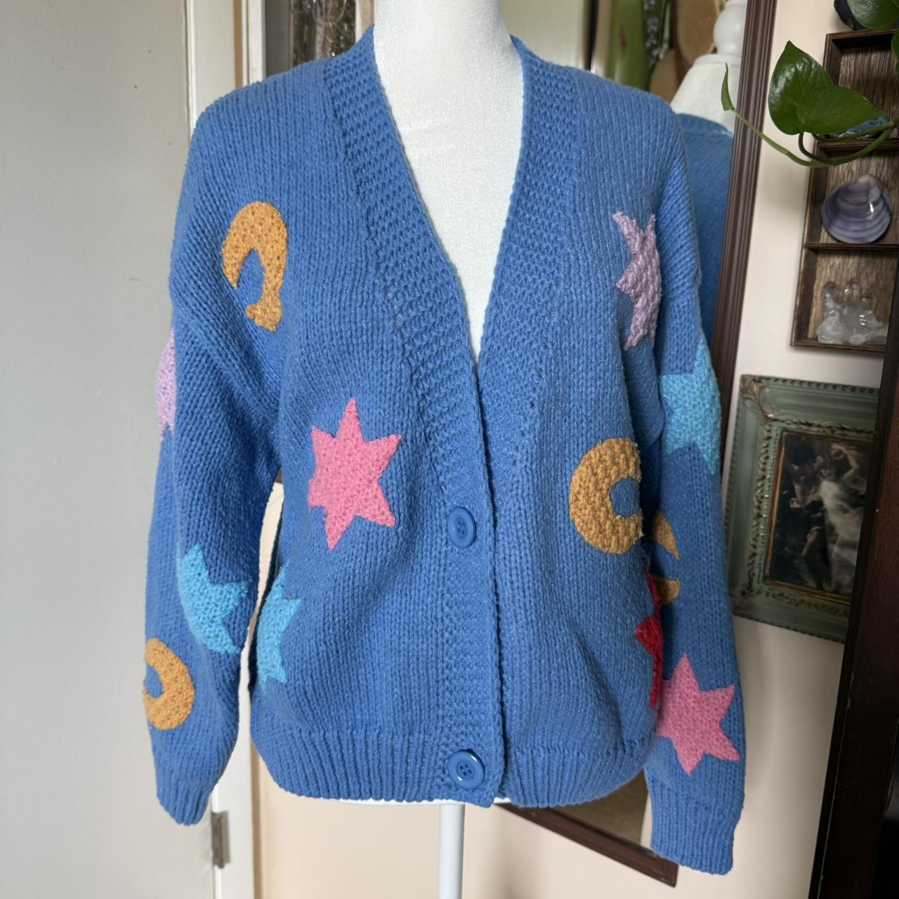 whimsical twee blue star and moon knit cardigan... | Depop
