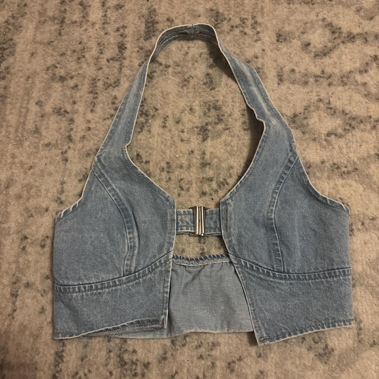 Blue denim halter top with metal detail clasp. Never... | Depop