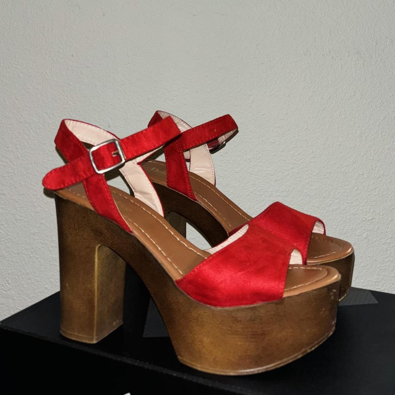 Red, Faux-Wood, Strappy, Pea-a-boo toe, platform... | Depop