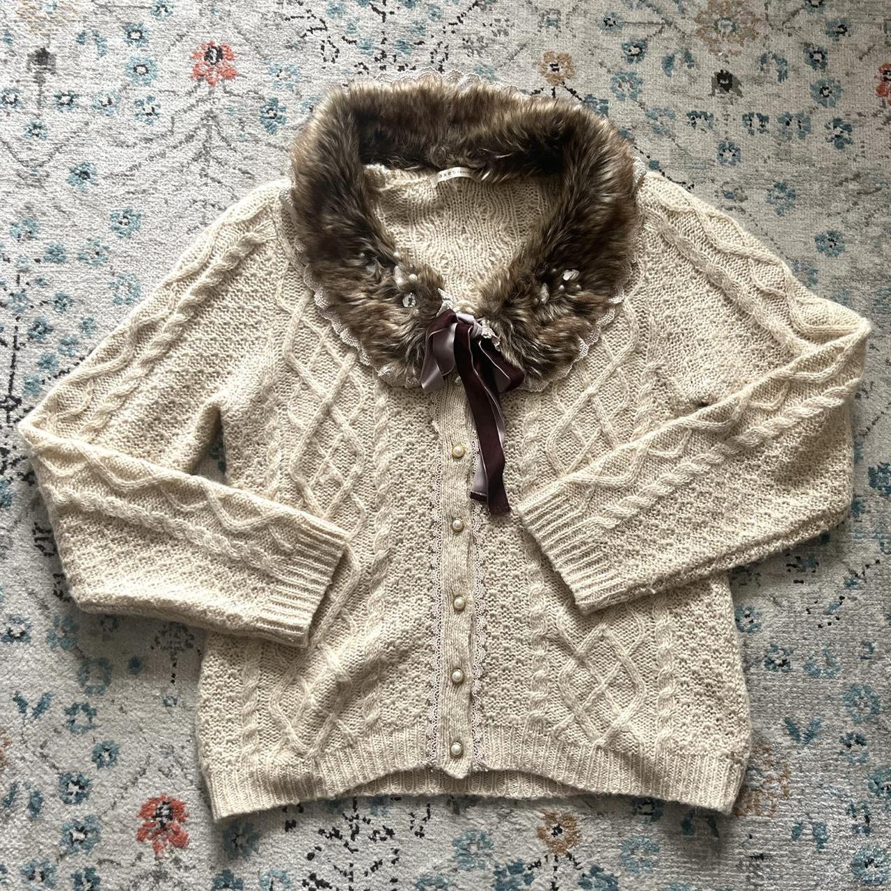 Axes femme cream and brown fur knit sweater cardigan... | Depop
