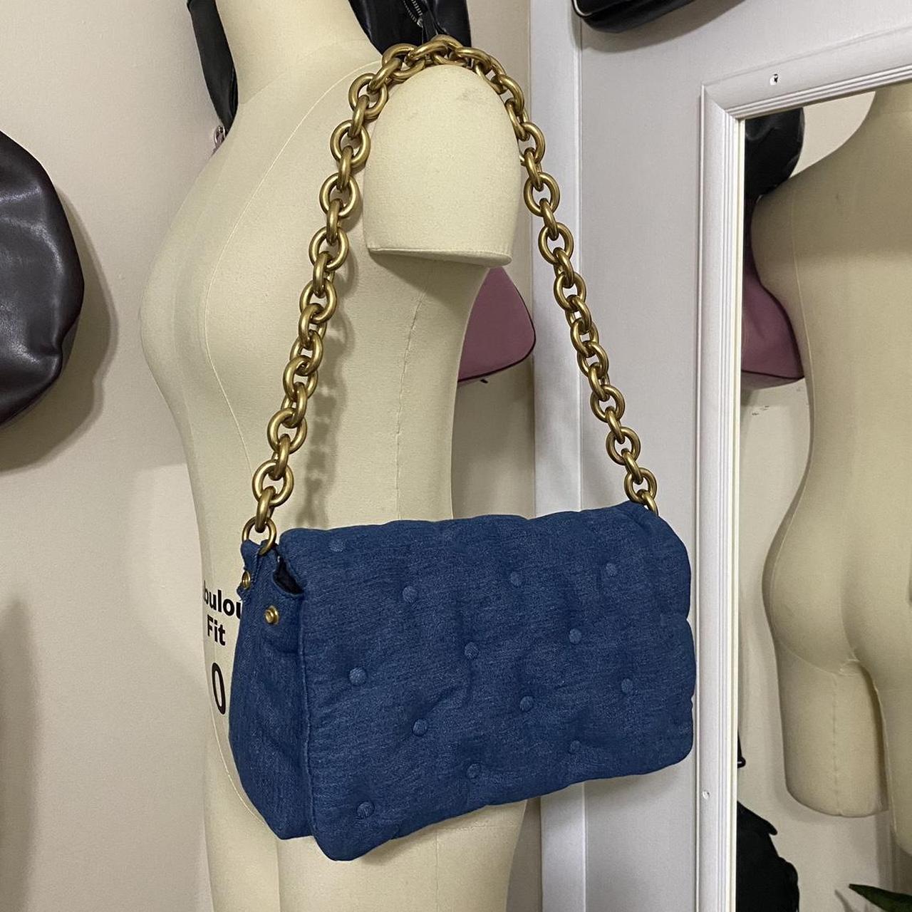 Plush denim blue purse with chunky gold chain. Snap... - Depop