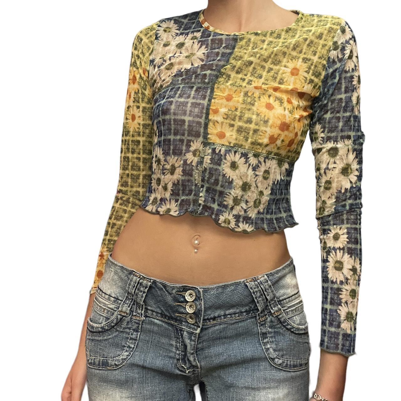 graphic design flower mesh long sleeve top #mesh... - Depop