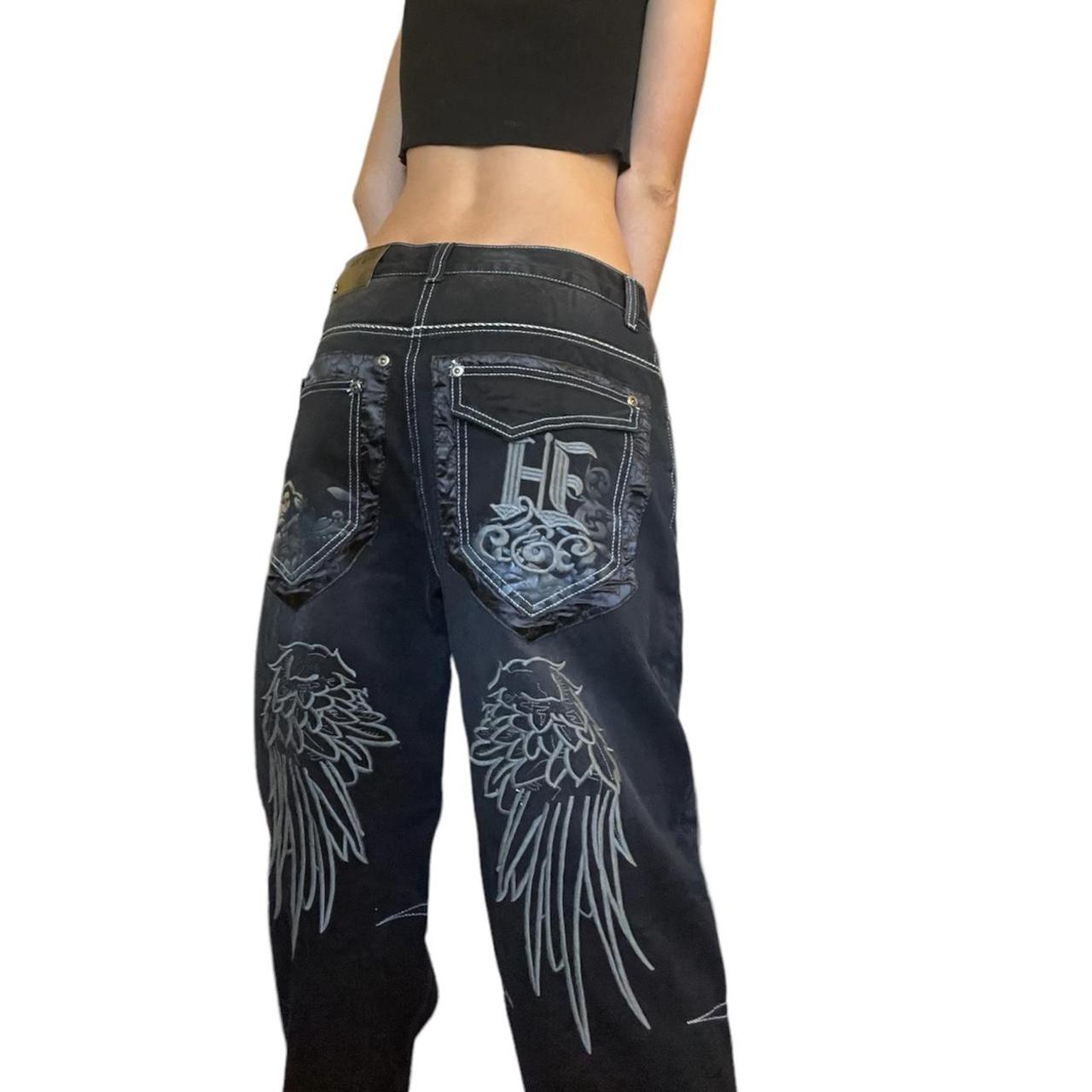 Black baggy straight leg embroidered angel wings... - Depop