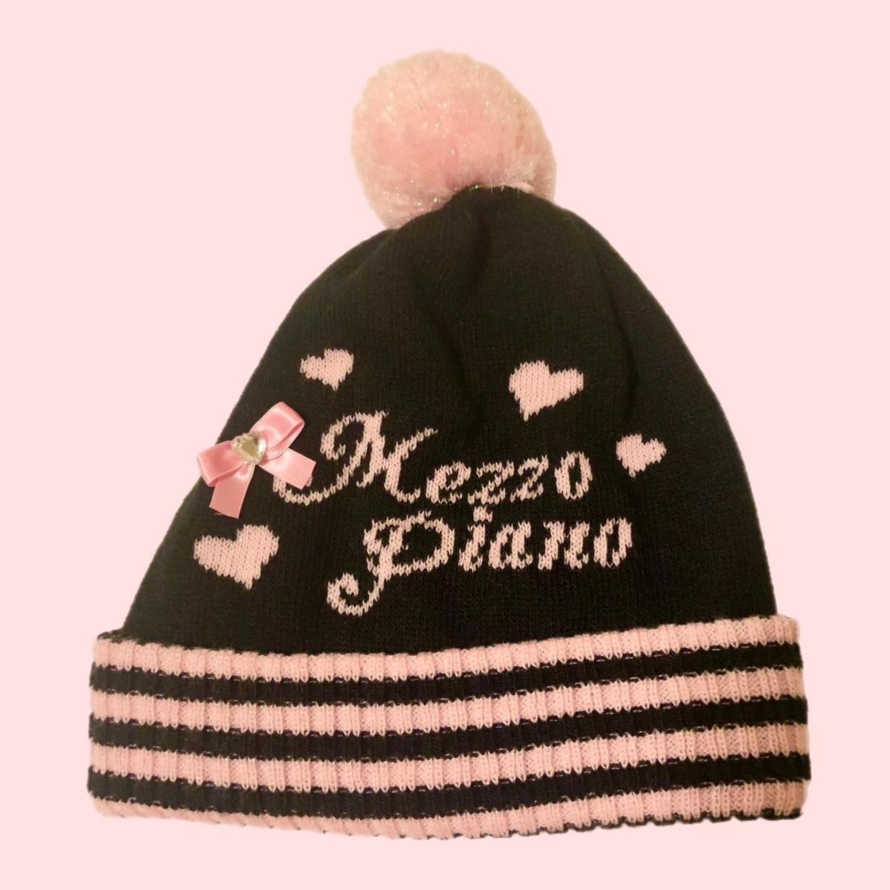 Mezzo Piano baby pink and black striped beanie with... - Depop