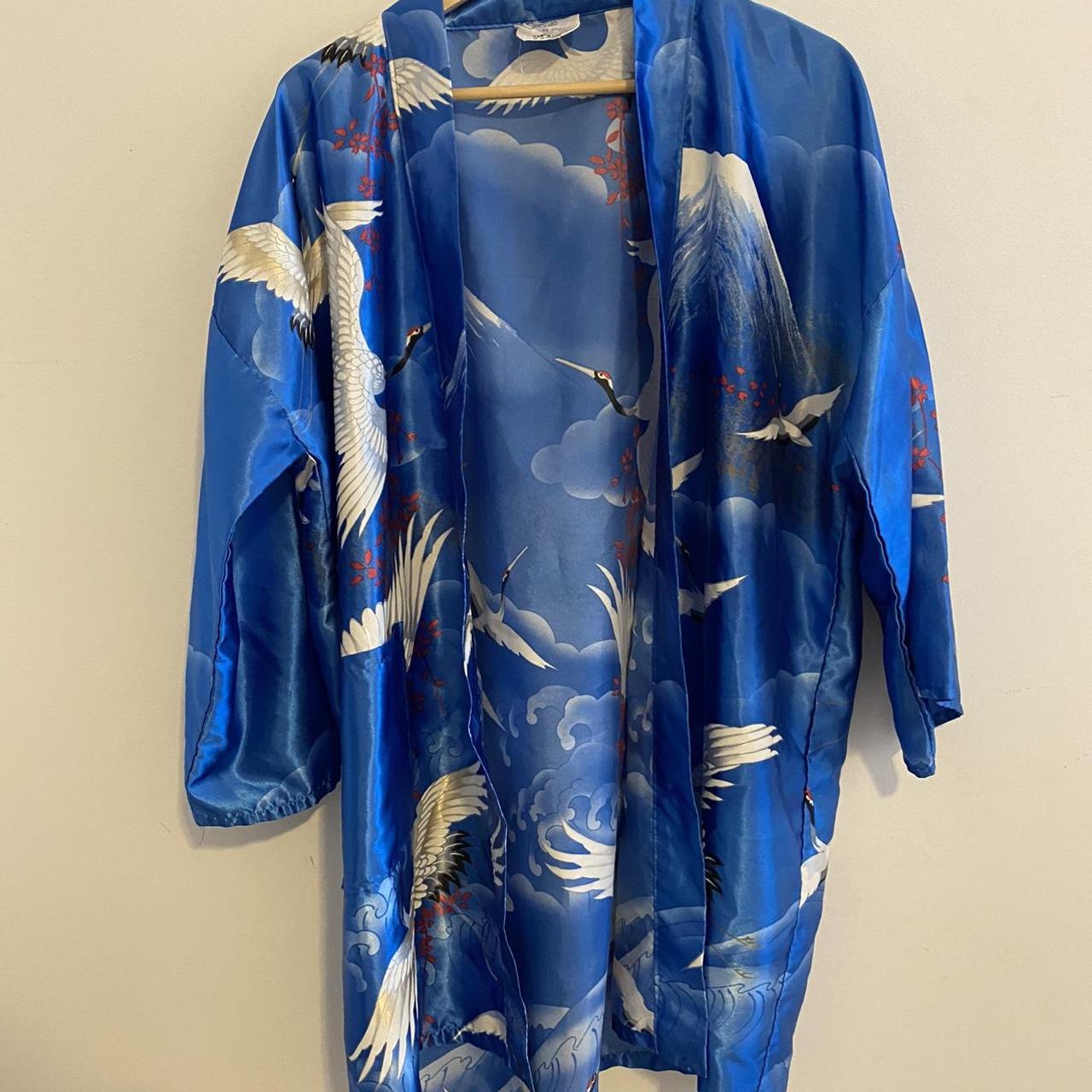 Blue silky kimono robe Lovely crane print Made in... - Depop