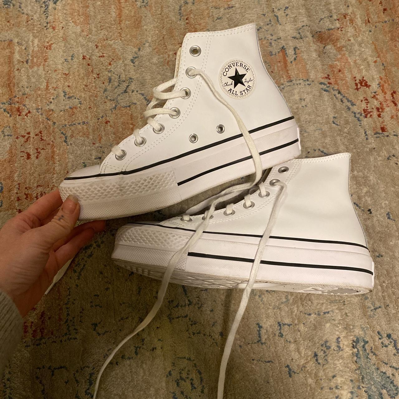 White leather converse high top platforms Brand... - Depop