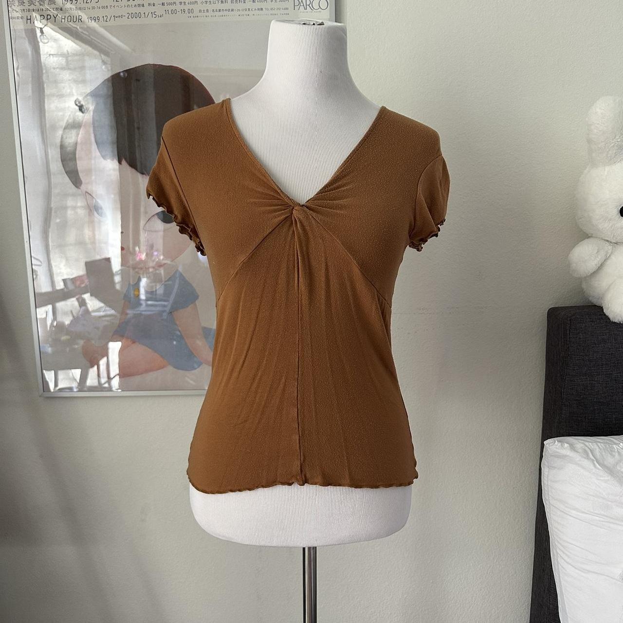 Brown Lafayette 148 v-neck twist top with frilly... - Depop