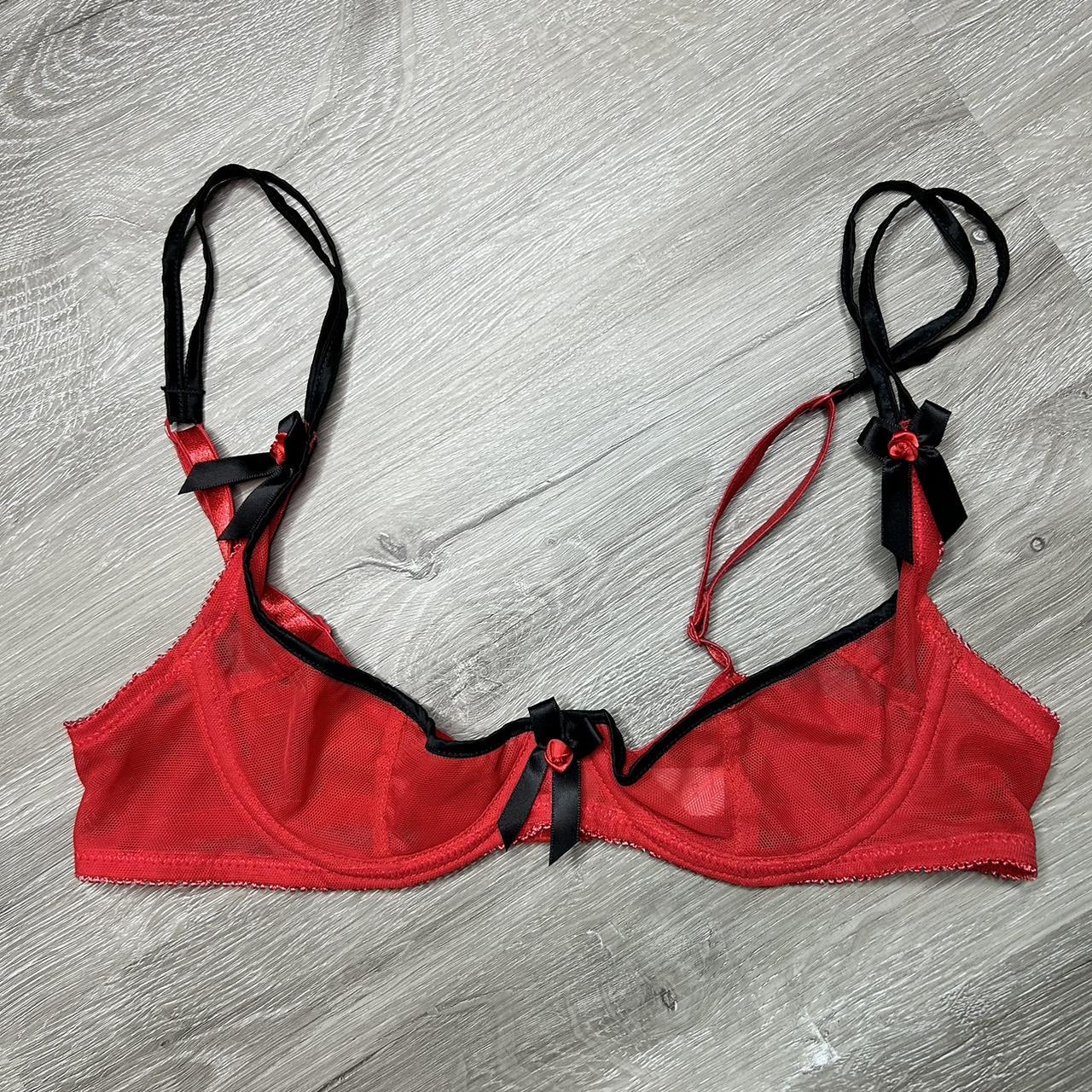 ‘Jezebel’ red mesh bra with cute rose bow details 🎀... - Depop