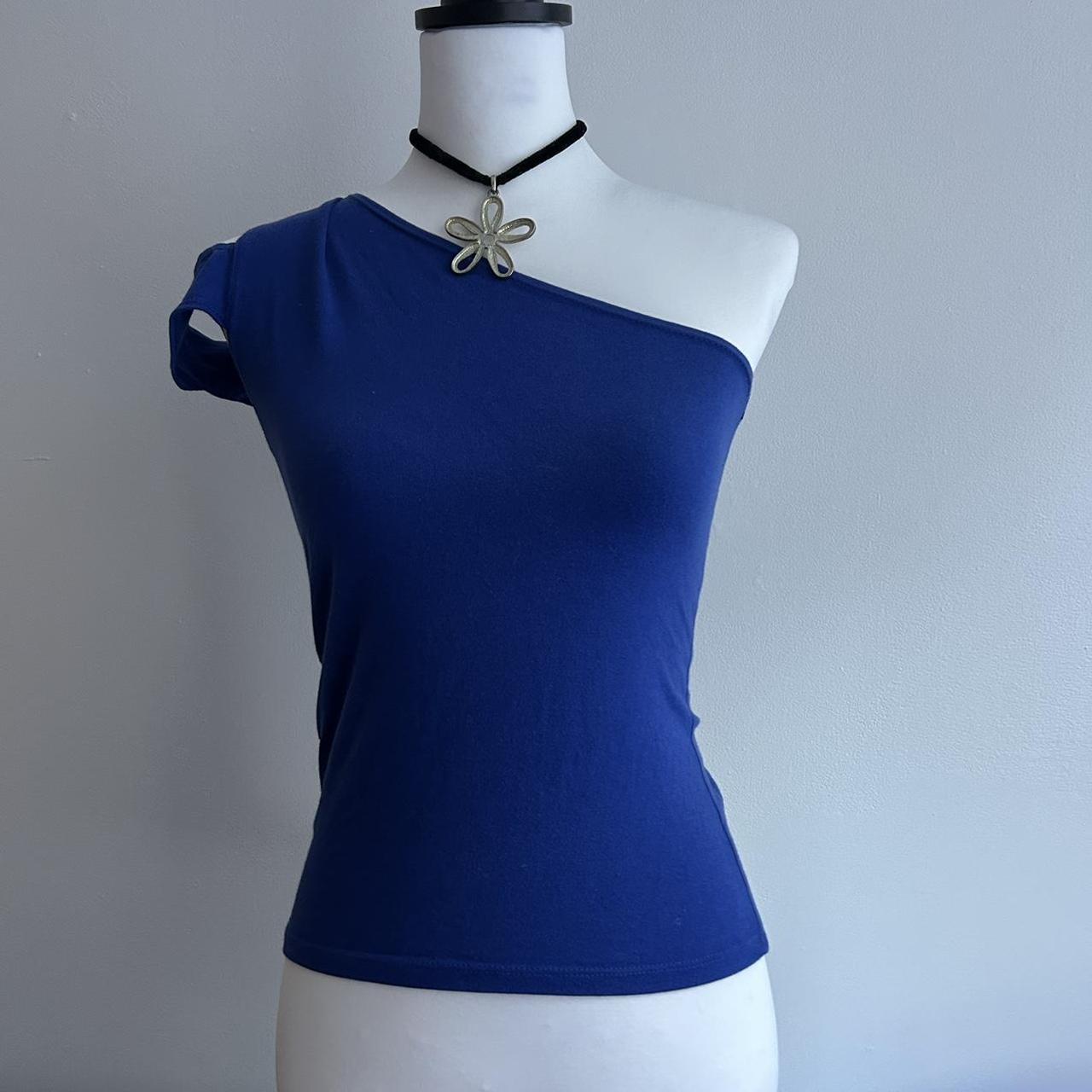 Y2K blue cyberpunk off the shoulder top mannequin... - Depop