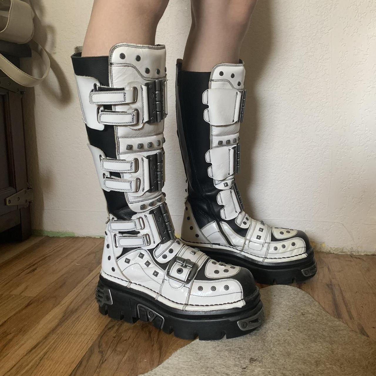 New Rock Women's White and Black Boots | Depop