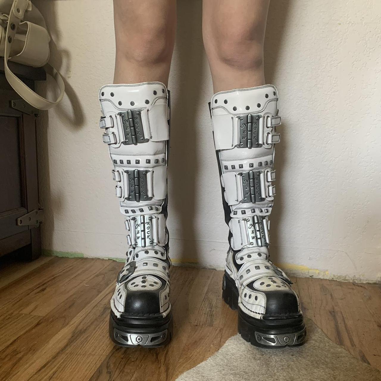 New Rock Women's White and Black Boots | Depop