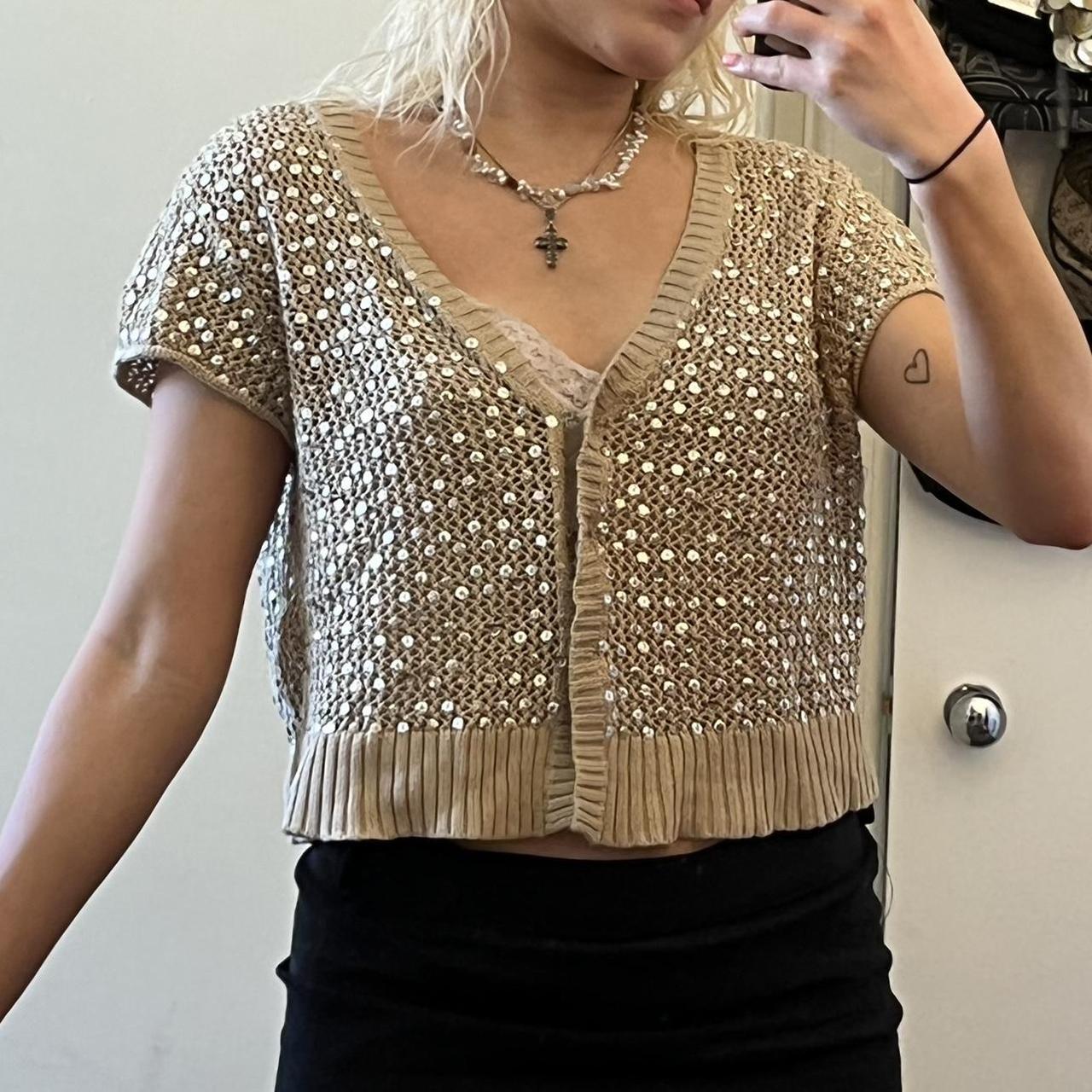 gold sparkly cardigan with eyelet closure at front... - Depop
